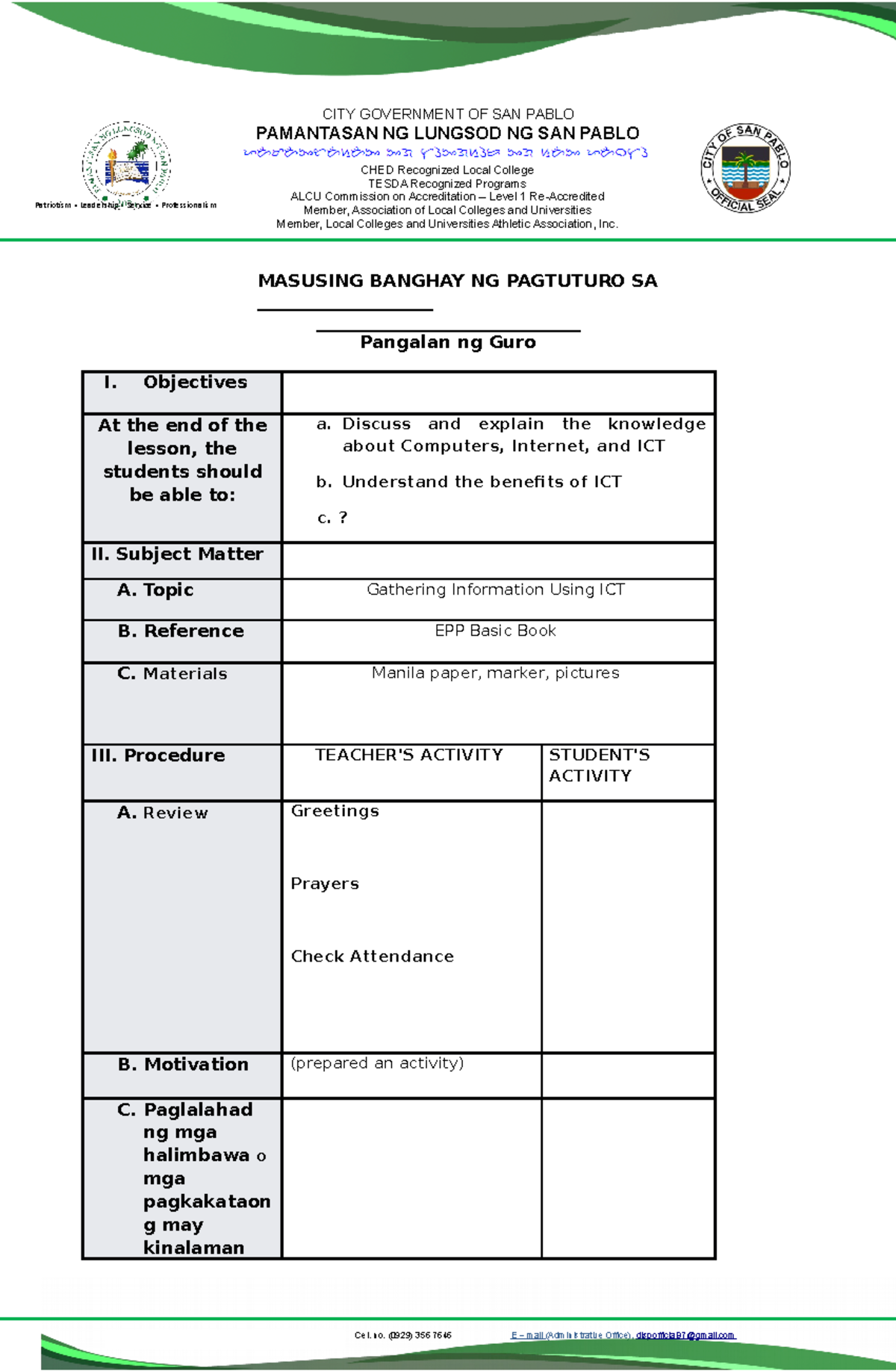 Lesson-Plan-Template - Address: Brgy. San Jose, City of San Pablo ...