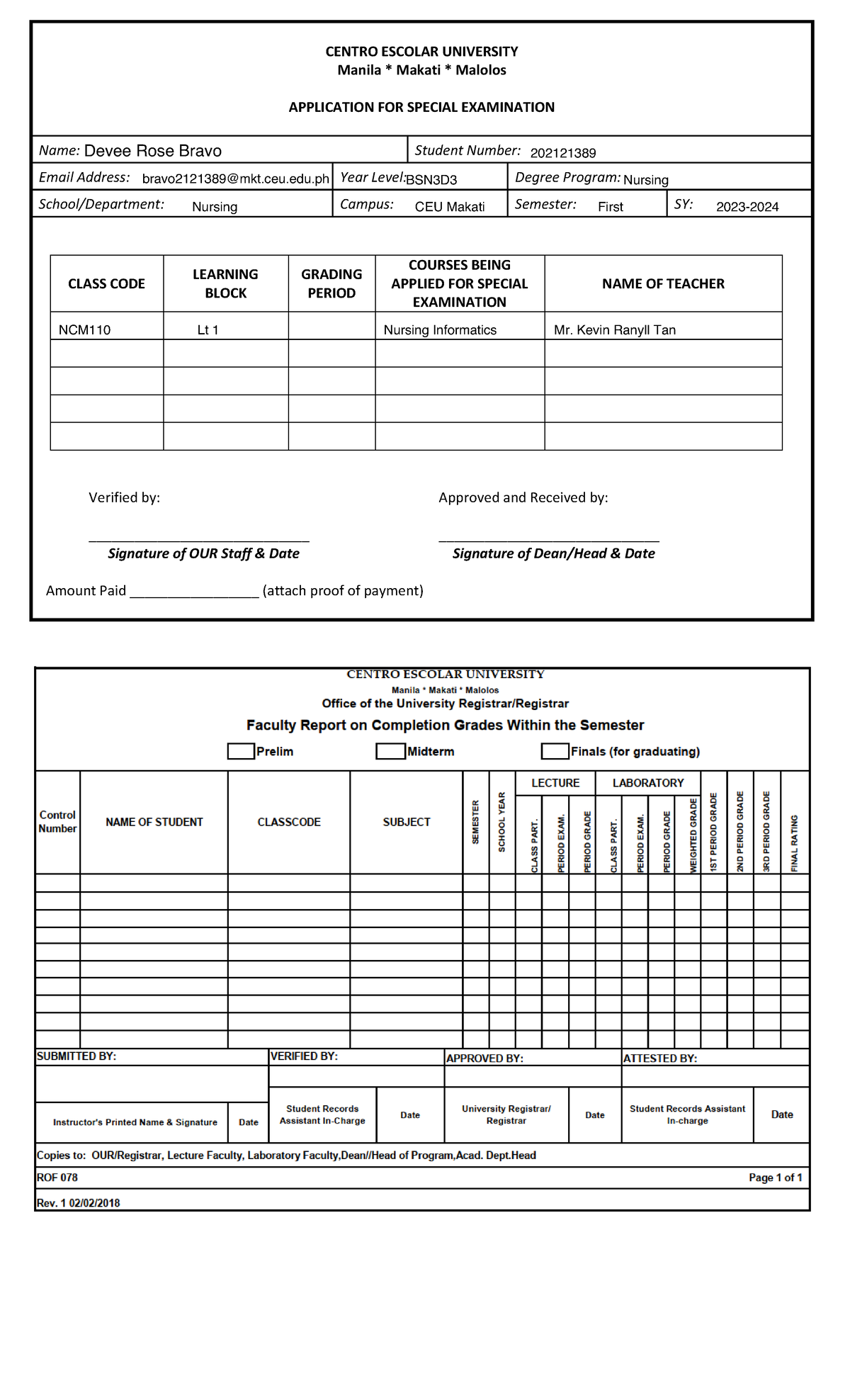 Application for Special Exam (Within the Semester) - CENTRO ESCOLAR UNIVERSITY Manila * Makati ...