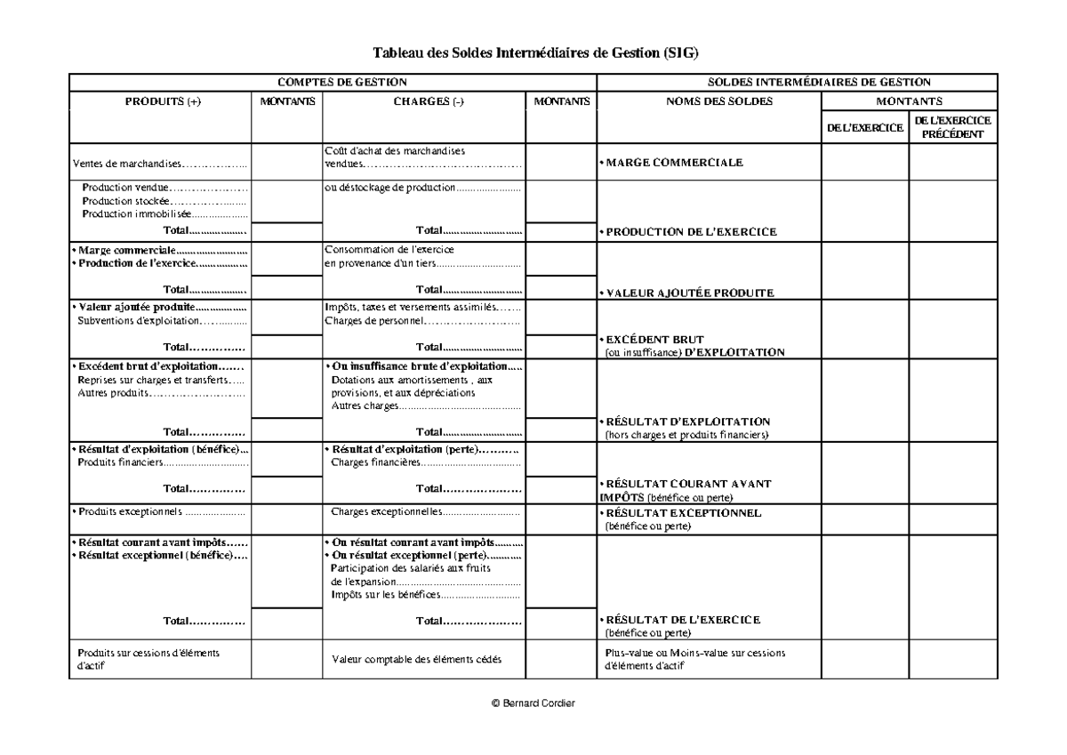 Tableau SIG Modèle - Tableau des Soldes Intermédiaires de Gestion (SIG ...