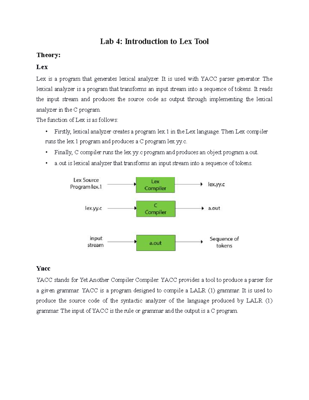 Lab4 - My project report - Lab 4: Introduction to Lex Tool Theory: Lex Lex is a program that ...