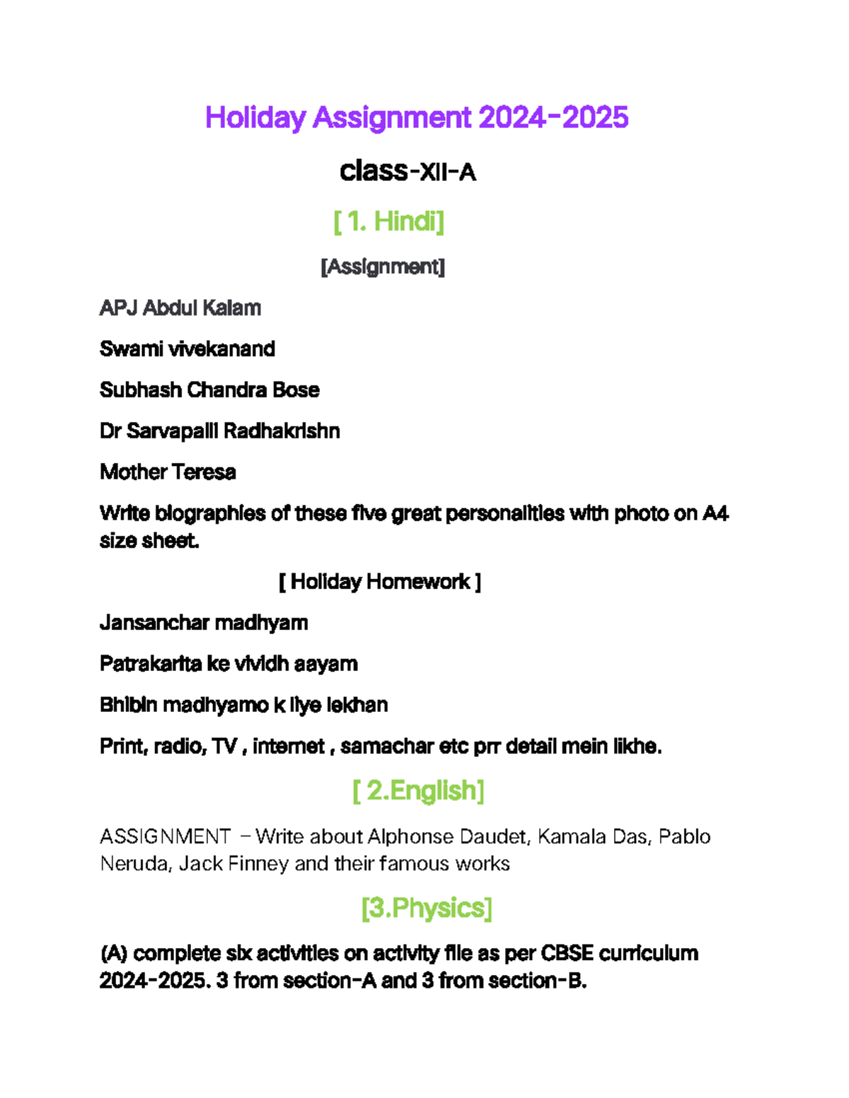 XII-Holiday Assignment 2024-25 - Holiday Assignment 2024- class-XII-A ...