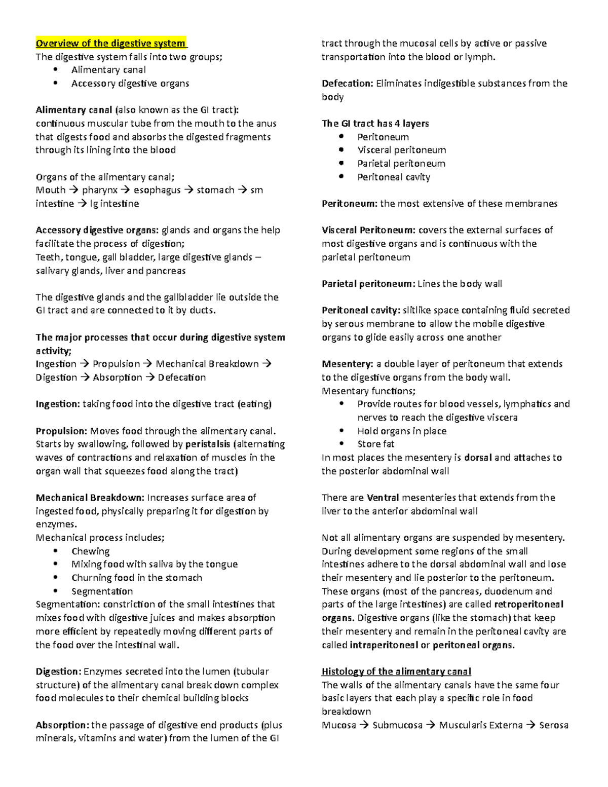 ANP 1107 - Midterm 1 - Overview of the digestive system The digestive ...