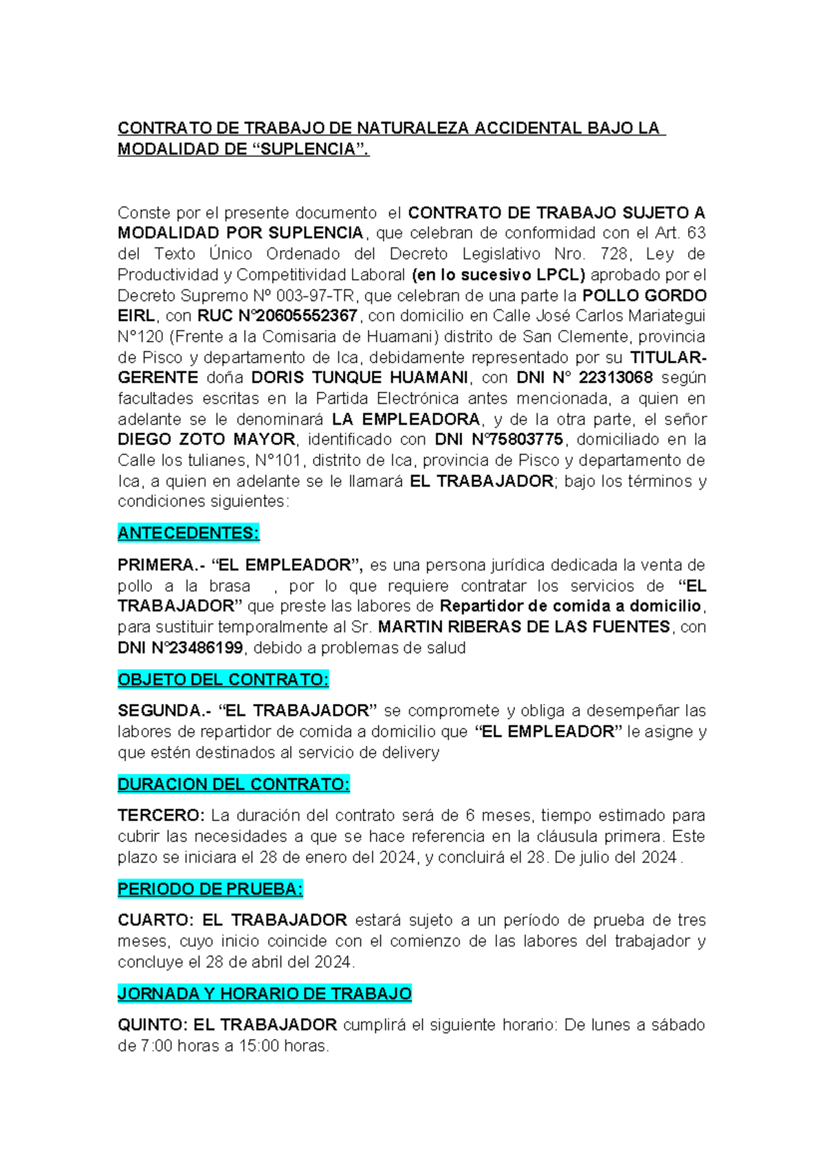 Contrato DE Suplencia - CONTRATO DE TRABAJO DE NATURALEZA ACCIDENTAL BAJO LA MODALIDAD DE - Studocu