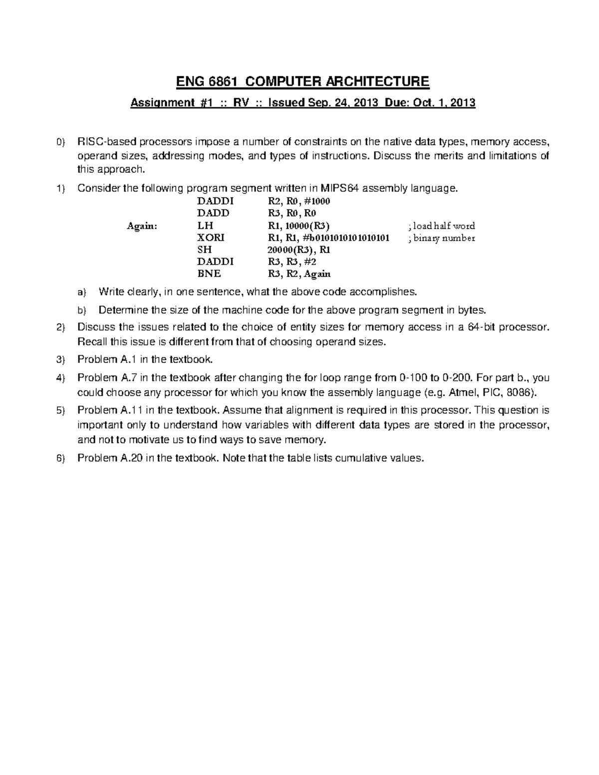 Assign #1 2013 - ENG 6861 COMPUTER ARCHITECTURE Assignment #1 :: RV :: Issued Sep. 24, 2013 Due ...