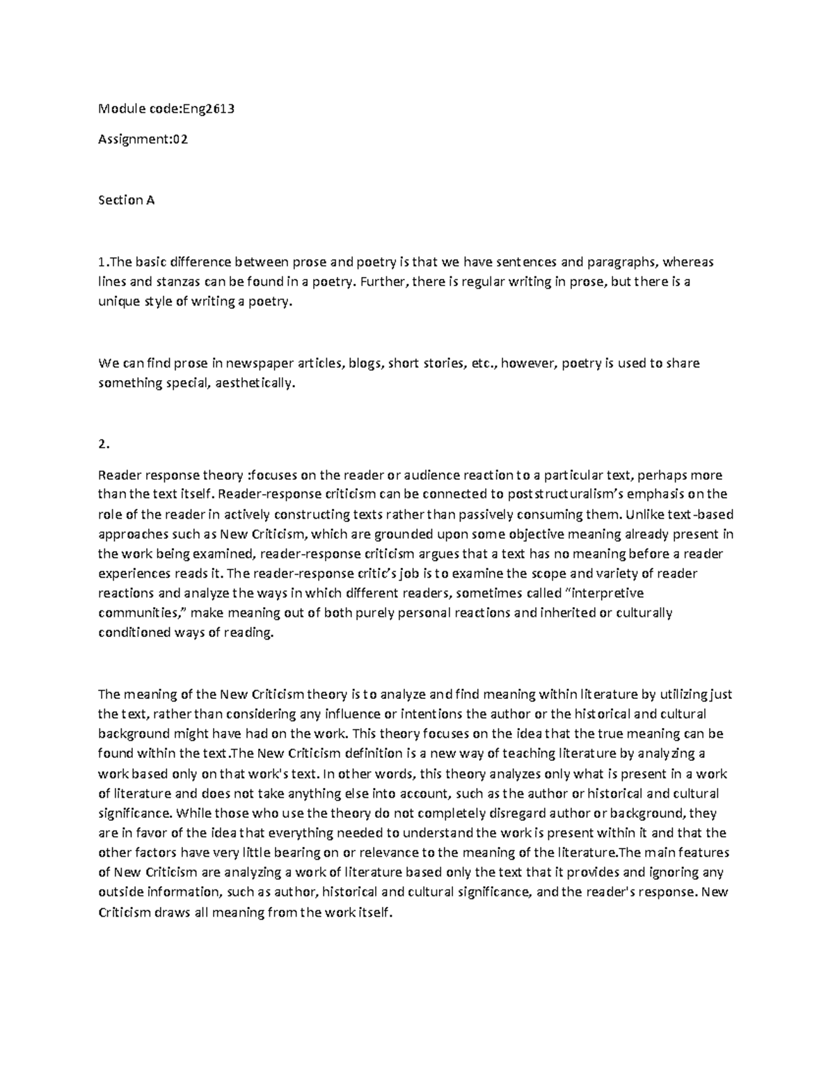 ENG2613 assignment 2 - Module code:Eng Assignment: Section A 1 basic difference between prose ...