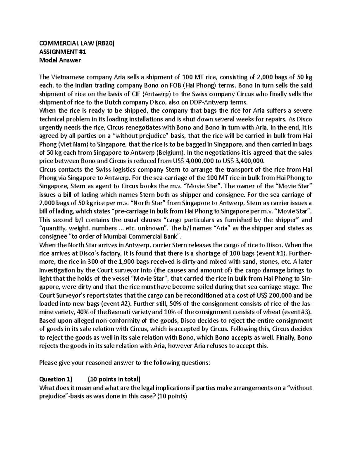Model Answer Assignment #1 2023-2024 - COMMERCIAL LAW (RB20) ASSIGNMENT ...