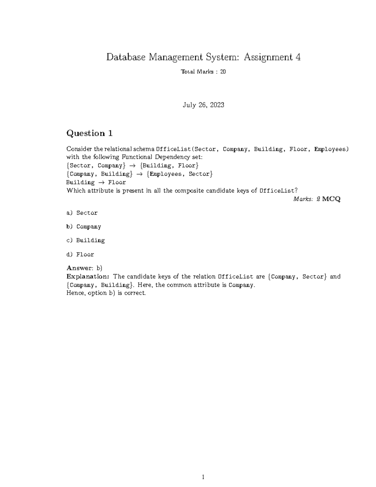 Week 4 Solution - tyhhasv - Database Management System: Assignment 4 Total Marks : 20 July 26 ...