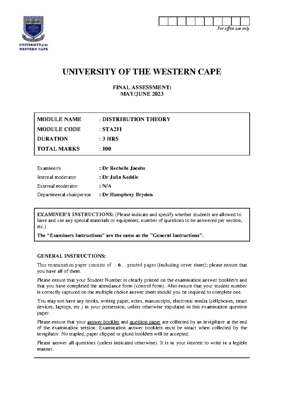 Final Assessment MAY - JUNE 2023 - For office use only UNIVERSITY OF ...