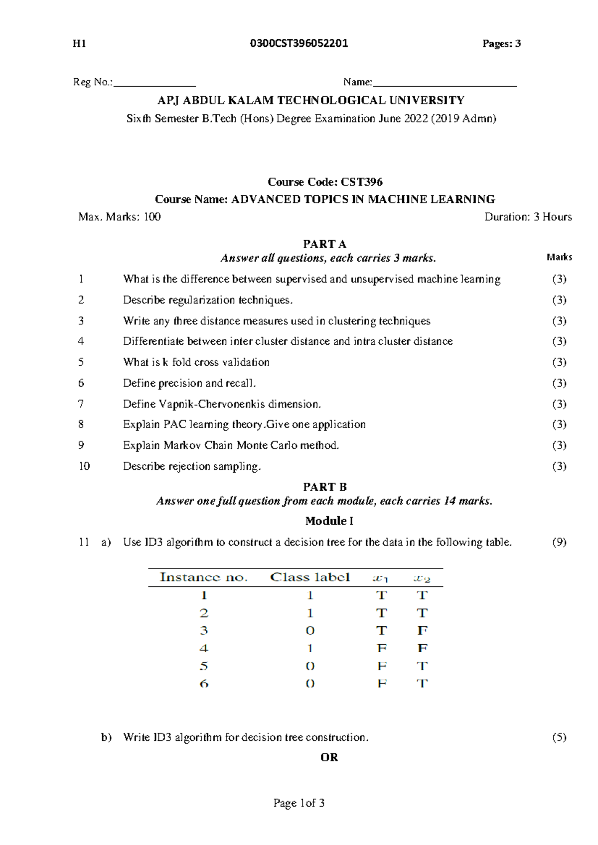 Cst396 Qp 1 Question Paper 0300cst39605220 1 Page 1 Of 3 Course Code Cst Course Name 