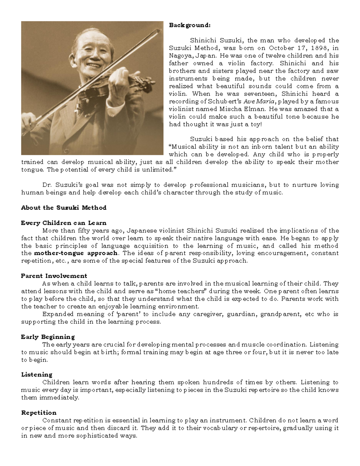 Suzuki method - Background: Shinichi Suzuki, the man who developed the ...