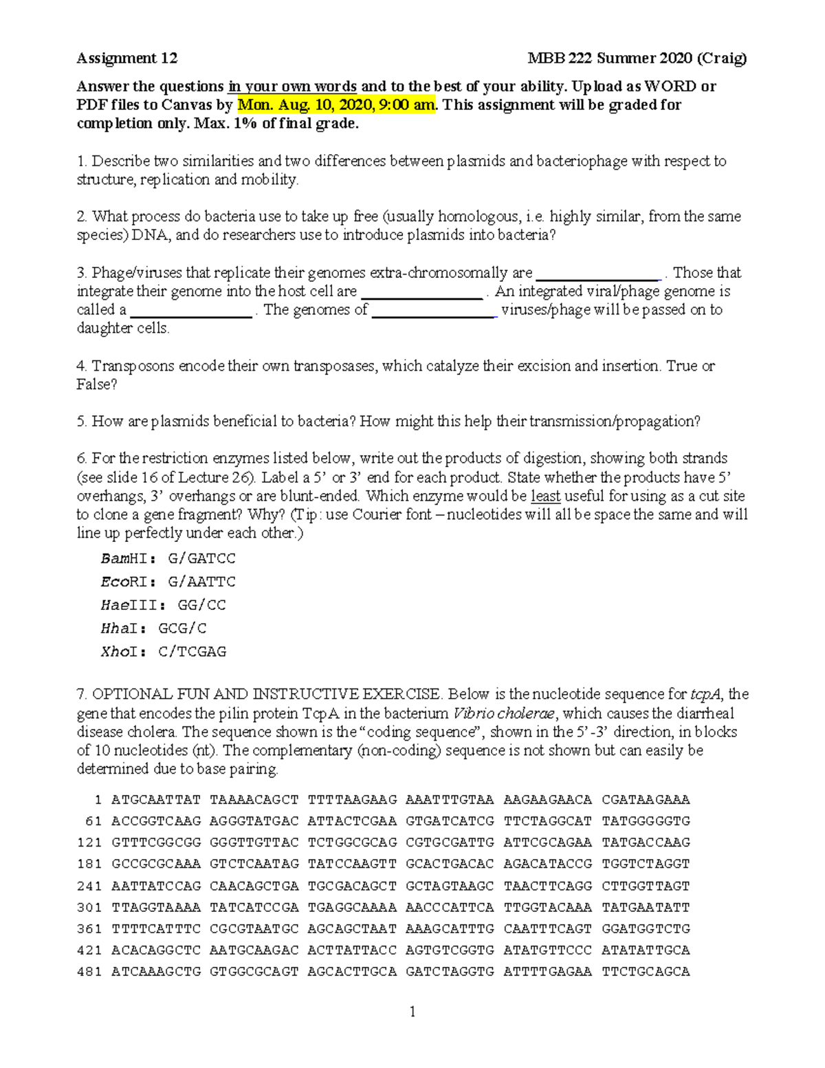 Assignment 13 - Assignment 12 MBB 222 Summer 2020 (Craig) 1 Answer the ...