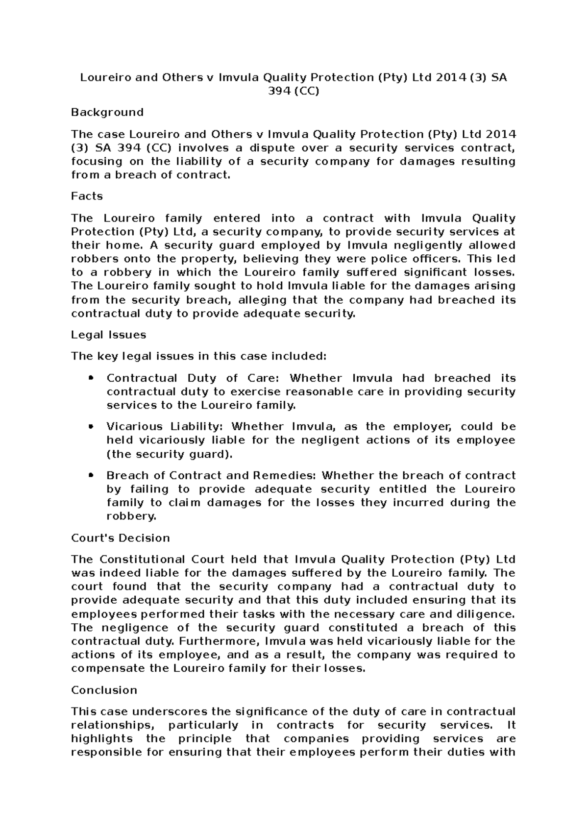 Loureiro and Others v Imvula Quality Protection - Facts The Loureiro ...