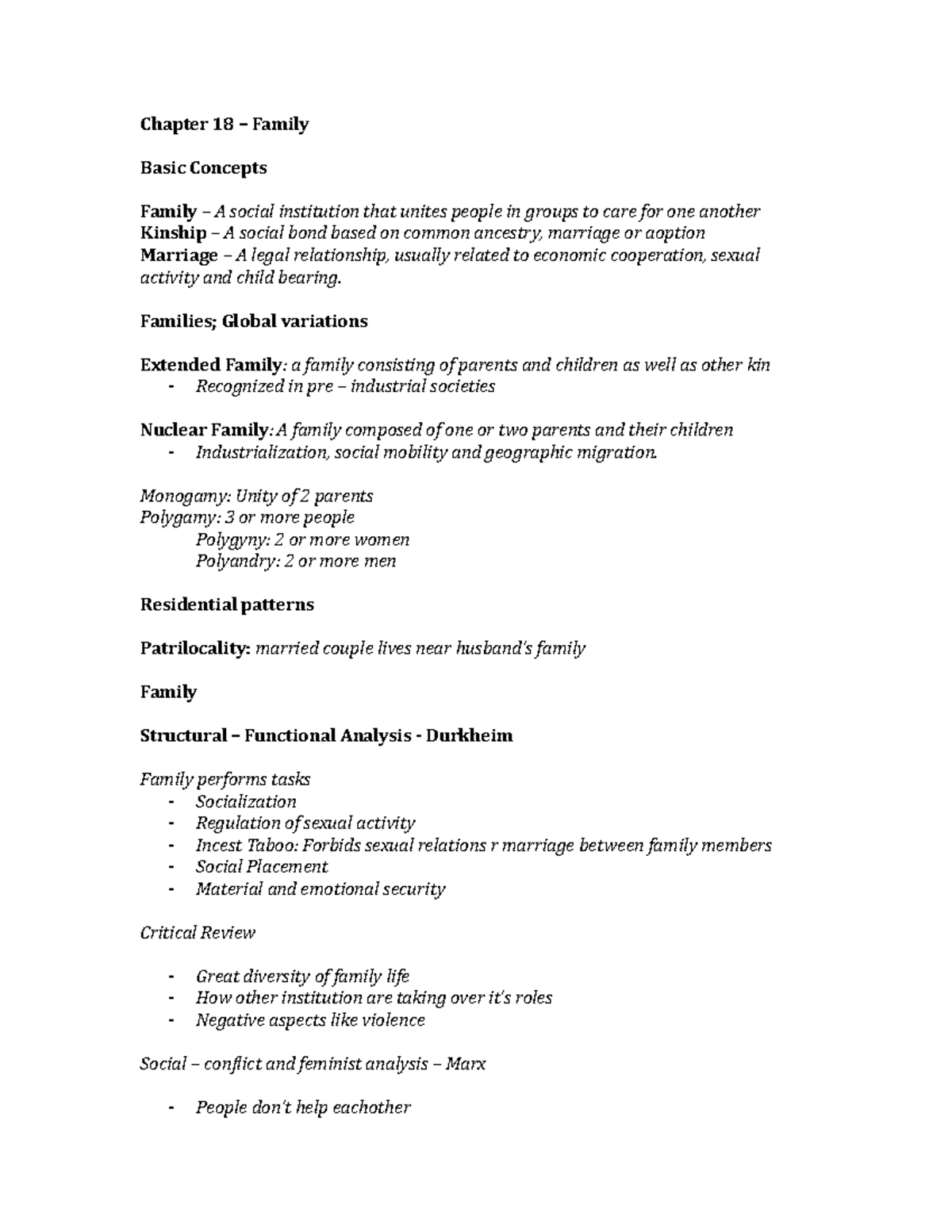 Chapter 18 – Family - Notes - Chapter 18 Family Basic Concepts Family A ...