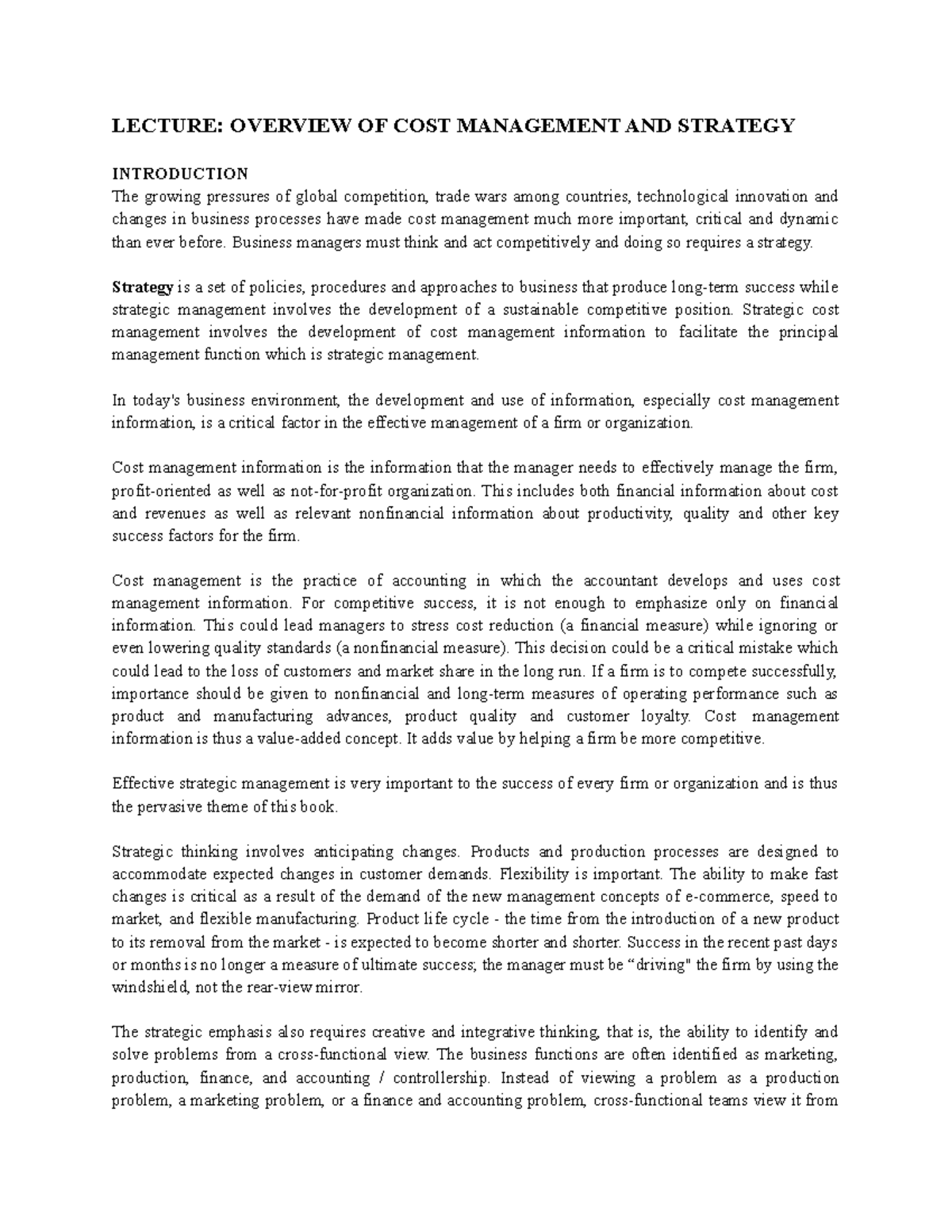 Lecture-and-Activities - LECTURE: OVERVIEW OF COST MANAGEMENT AND ...
