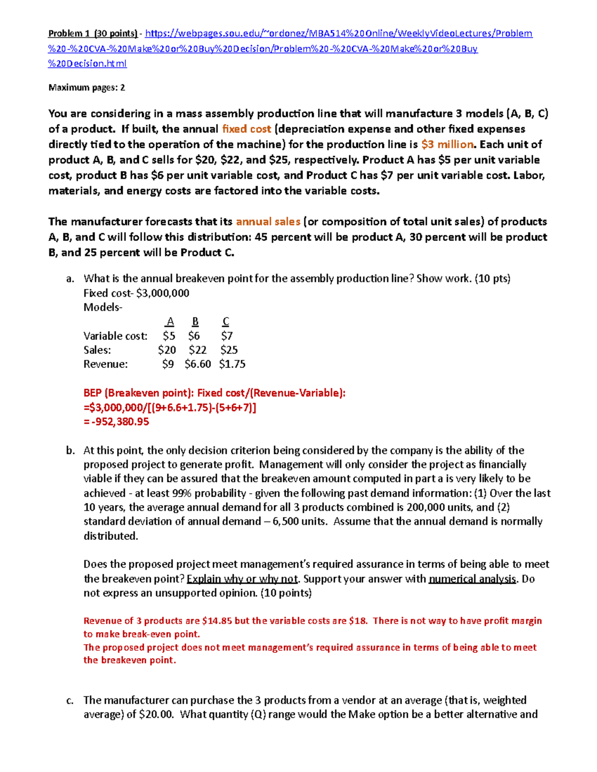 MBA 514 Cost Volume Analysis - Problem 1 (30 points) - - Studocu