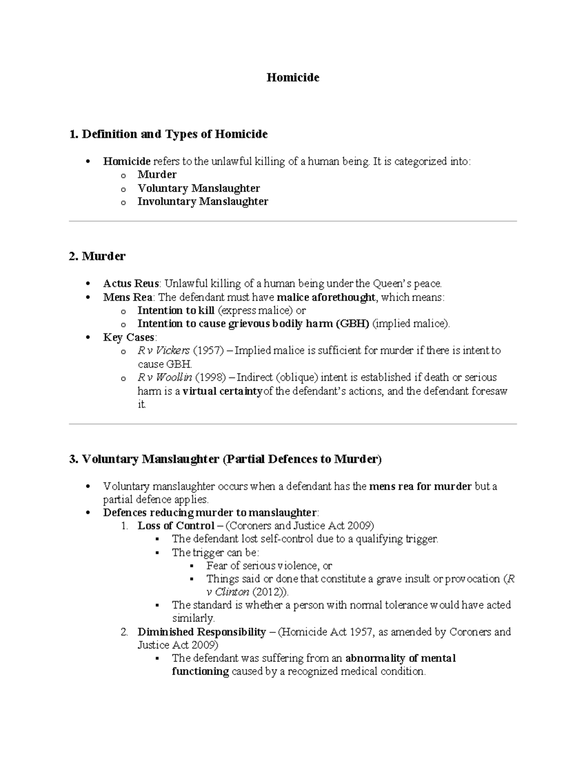 Homicide - Key principles - Homicide 1. Definition and Types of ...