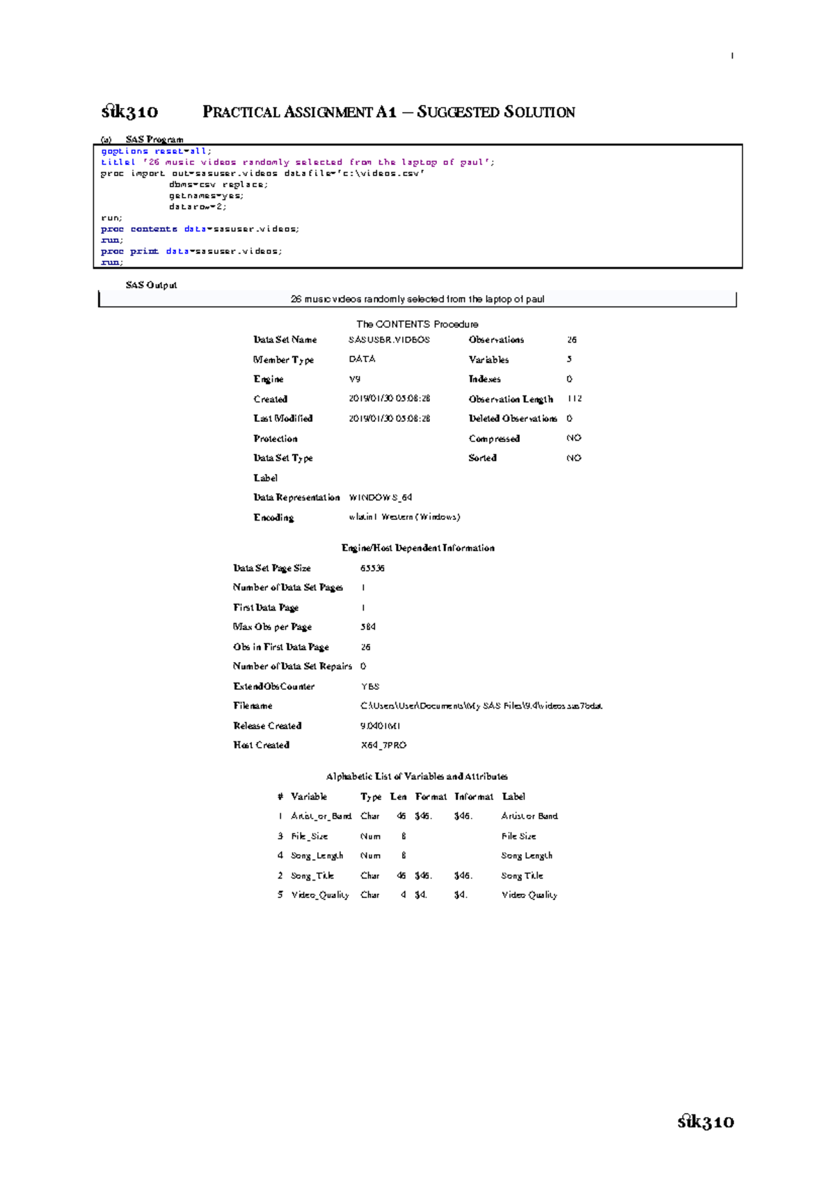 Assignment 1 Solution Stk310 Practical Assignment A1 Suggested Solution A Sas Program