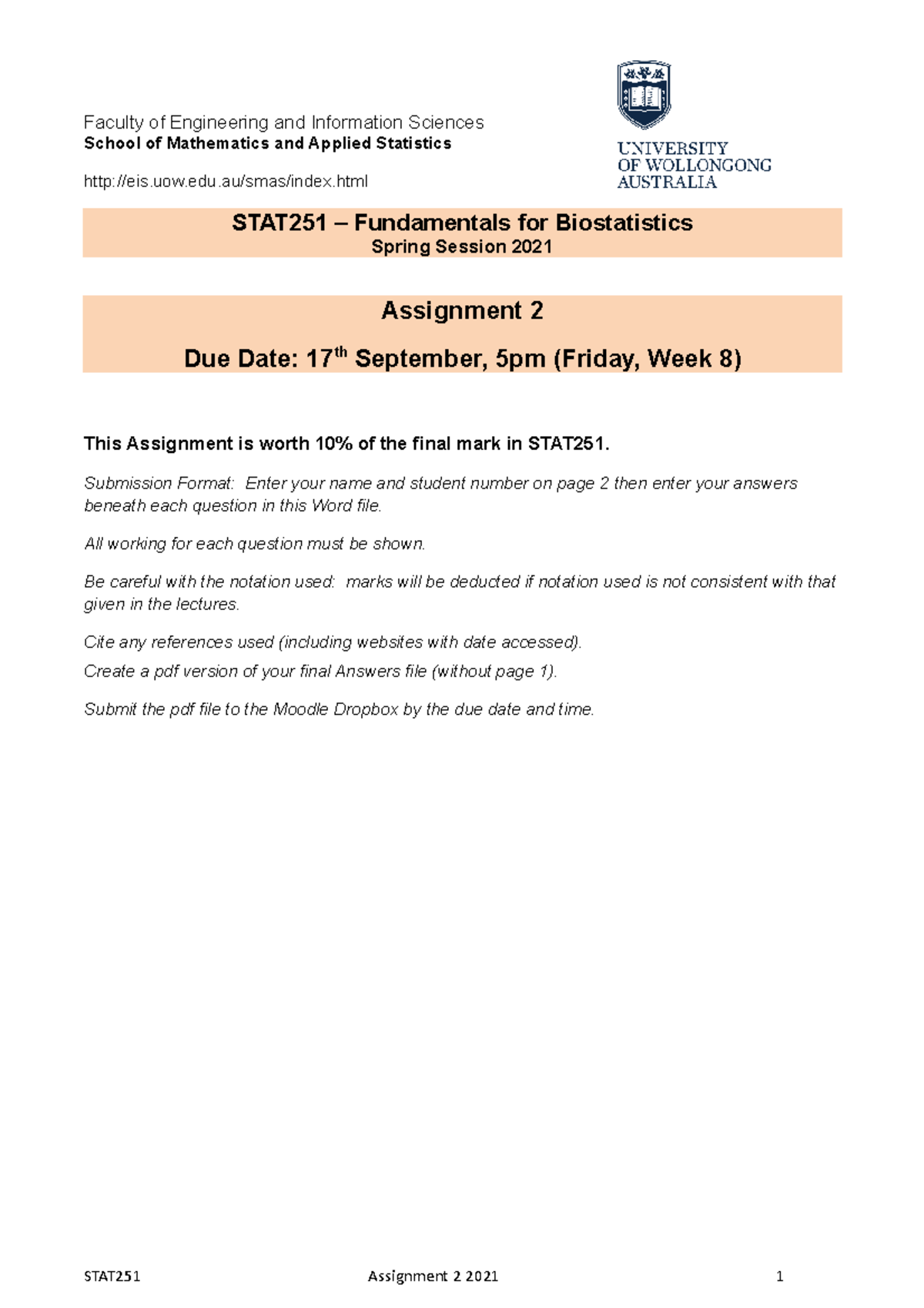 STAT251 Fundamentals for Biostatistics Assignment 2 - Studocu