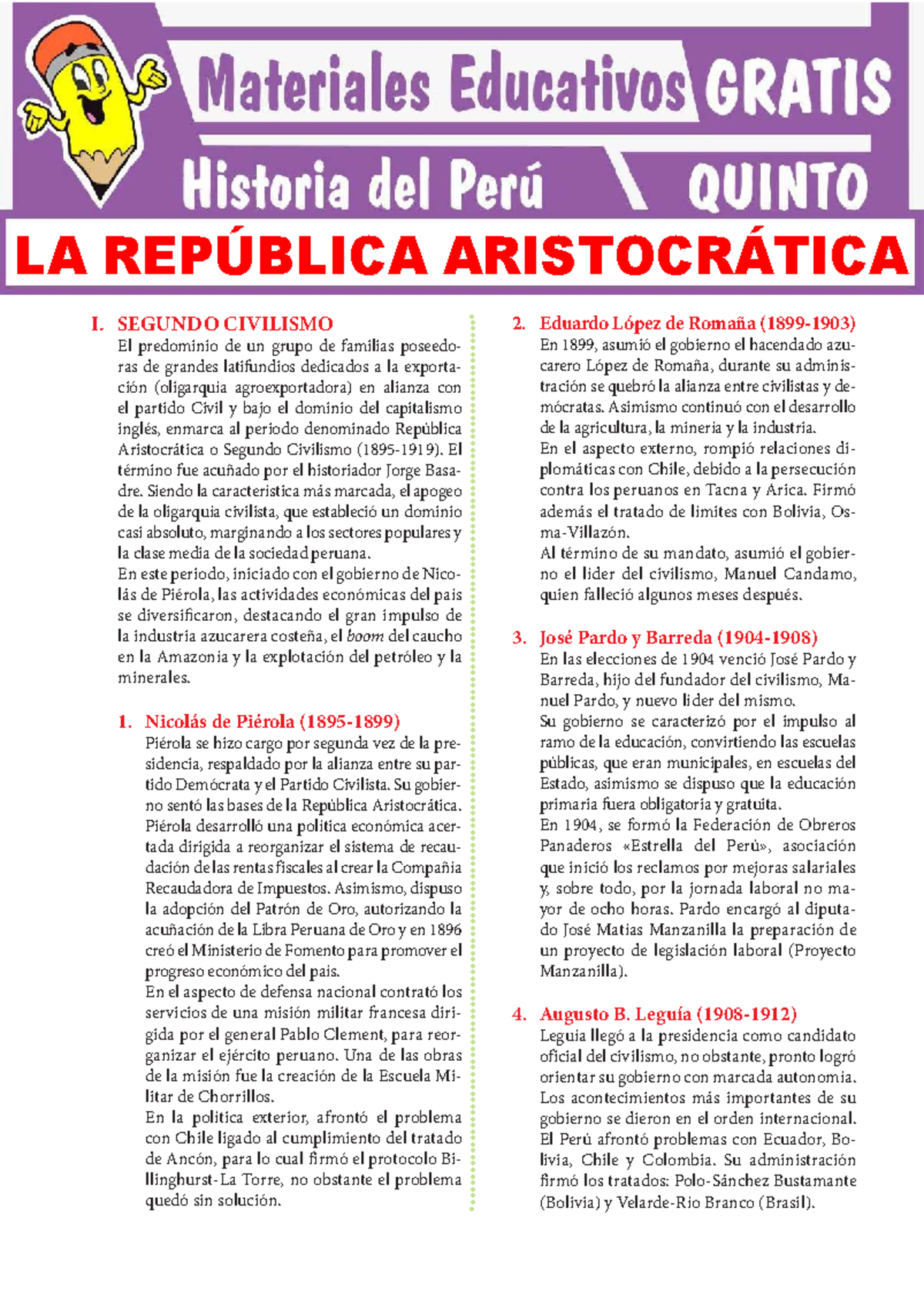 La República Aristocrática del Perú - I. SEGUNDO CIVILISMO El ...