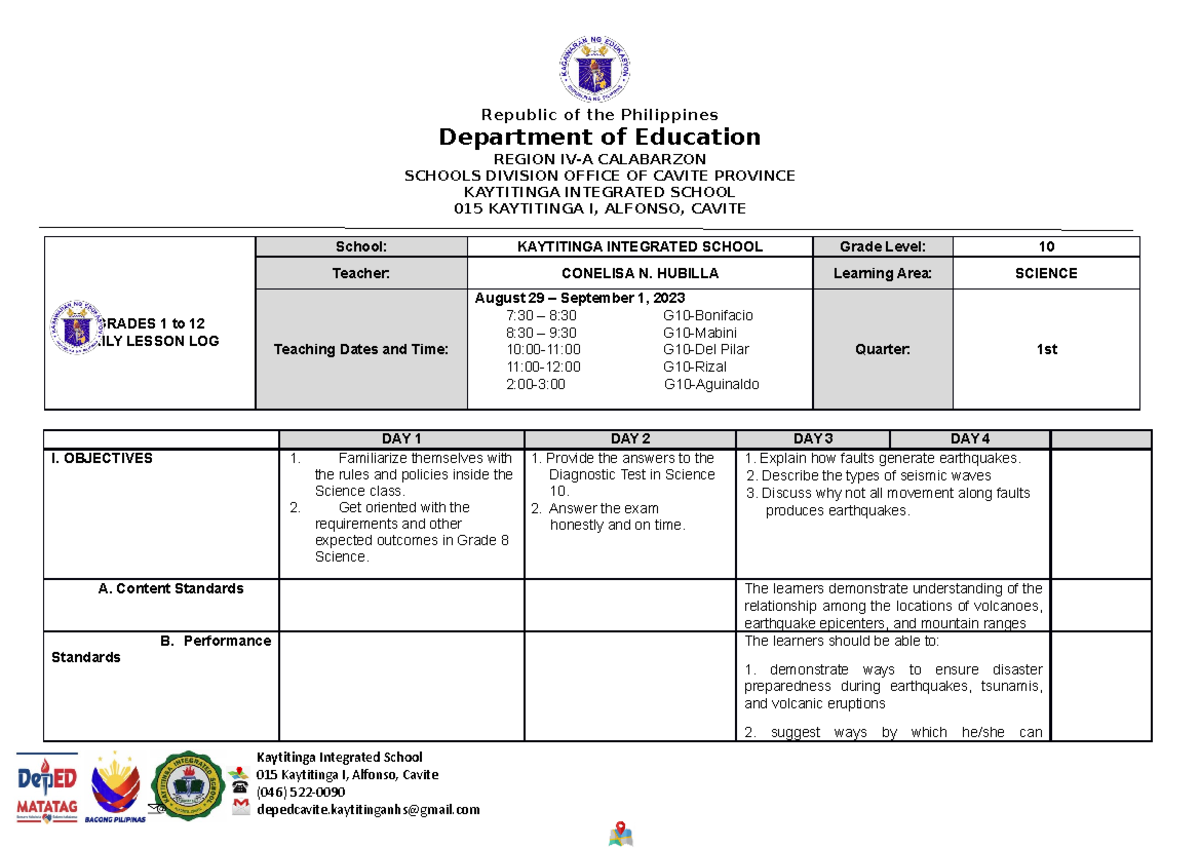 DLL Science 10 Q1 Week 1 - Daily Lesson Log - Department of Education ...