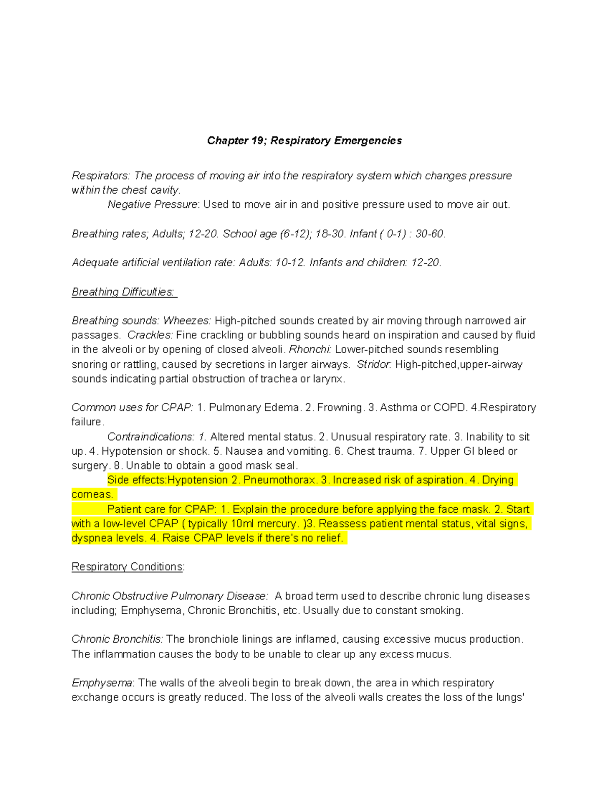 Abbreviated EMS course notes 2023 - Chapter 19; Respiratory Emergencies ...