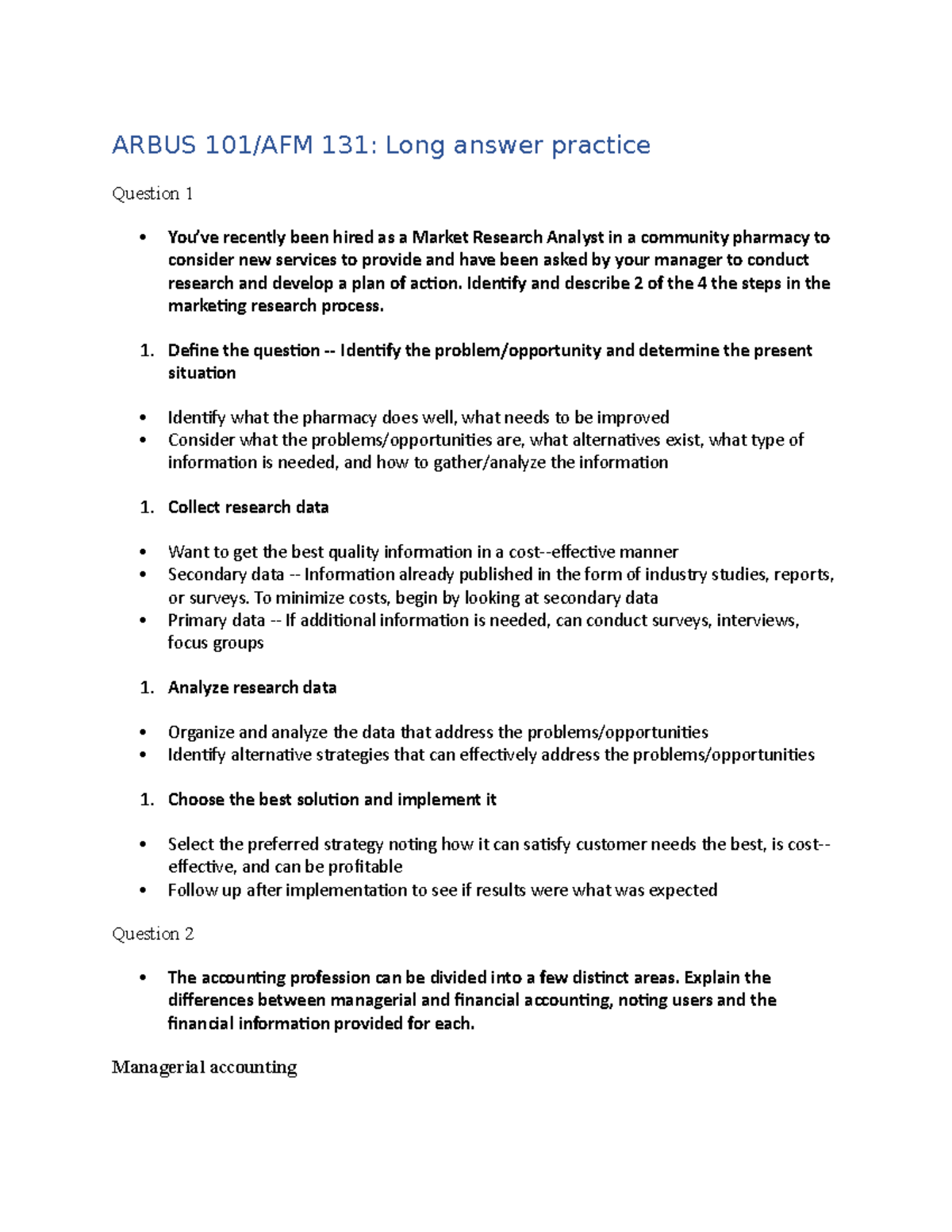Arbus 101:AFM 131 final exam review - ARBUS 101/AFM 131: Long answer ...