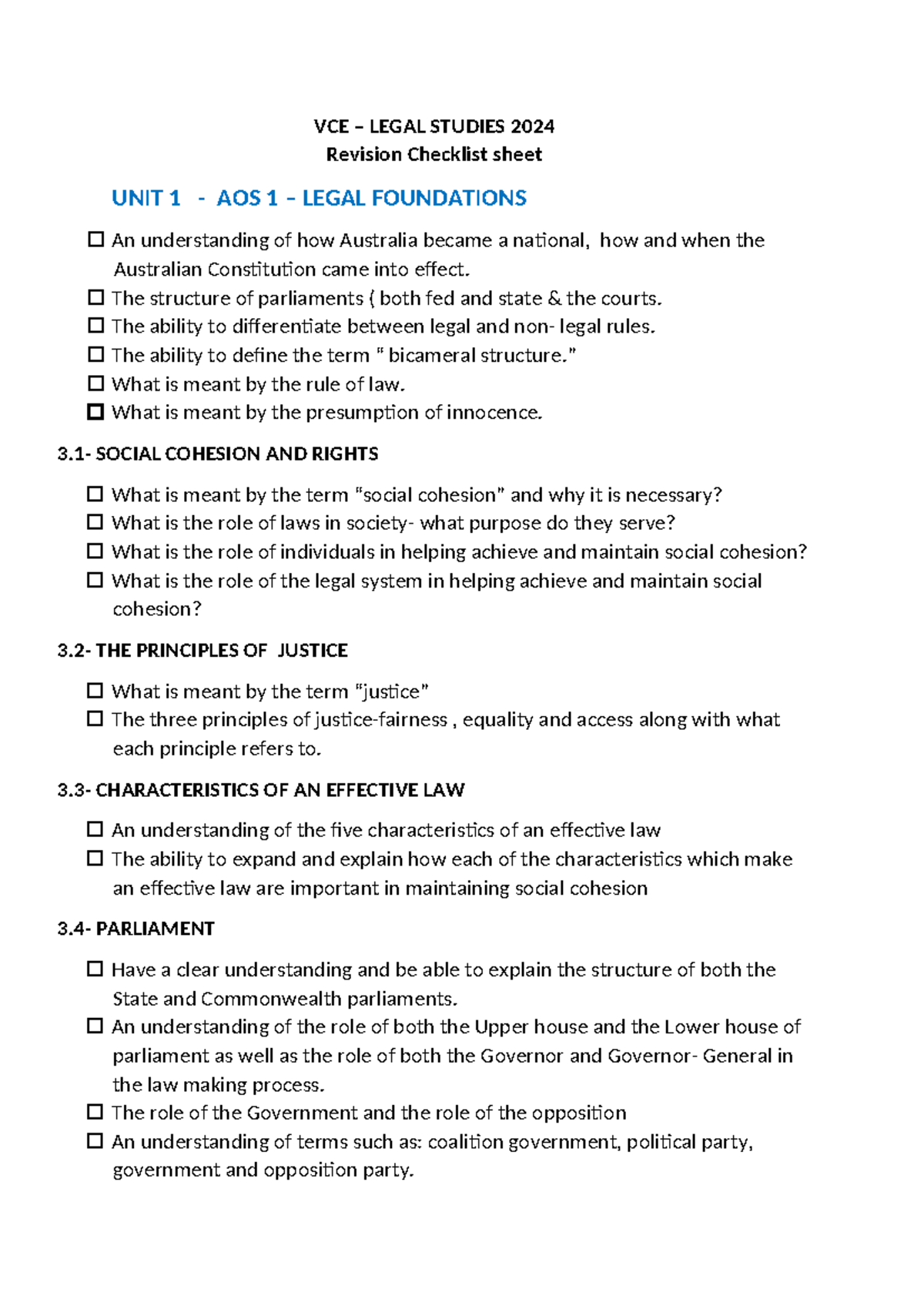 Revision Checklist Sheet - U1-AOS 1 - Legal Foundations - VCE – LEGAL ...