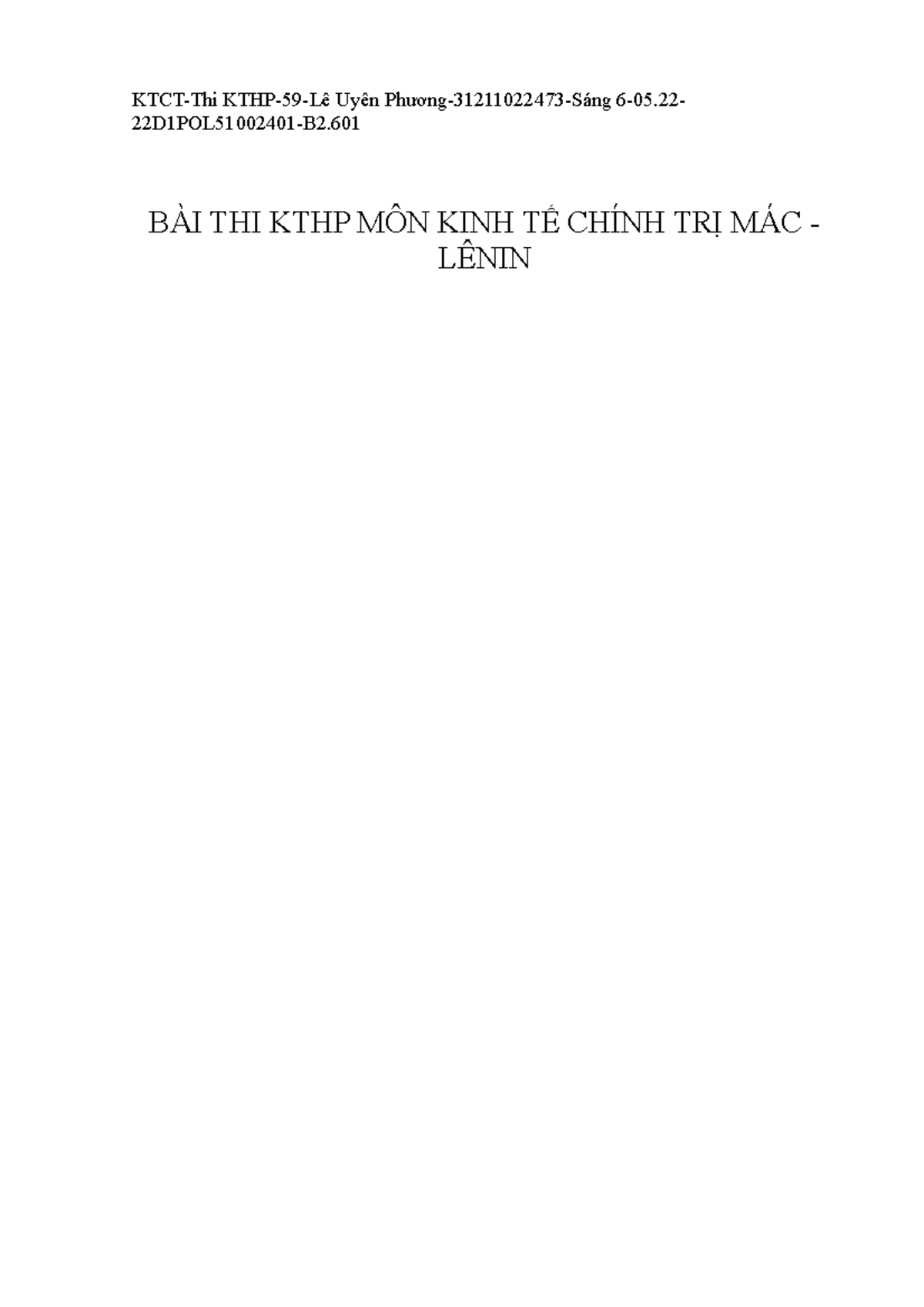 KTCT-Thi KTHP-59-Lê Uyên Phương-31211022473-Sáng 6-05 - KTCT-Thi KTHP-59-Lê Uyên - Studocu
