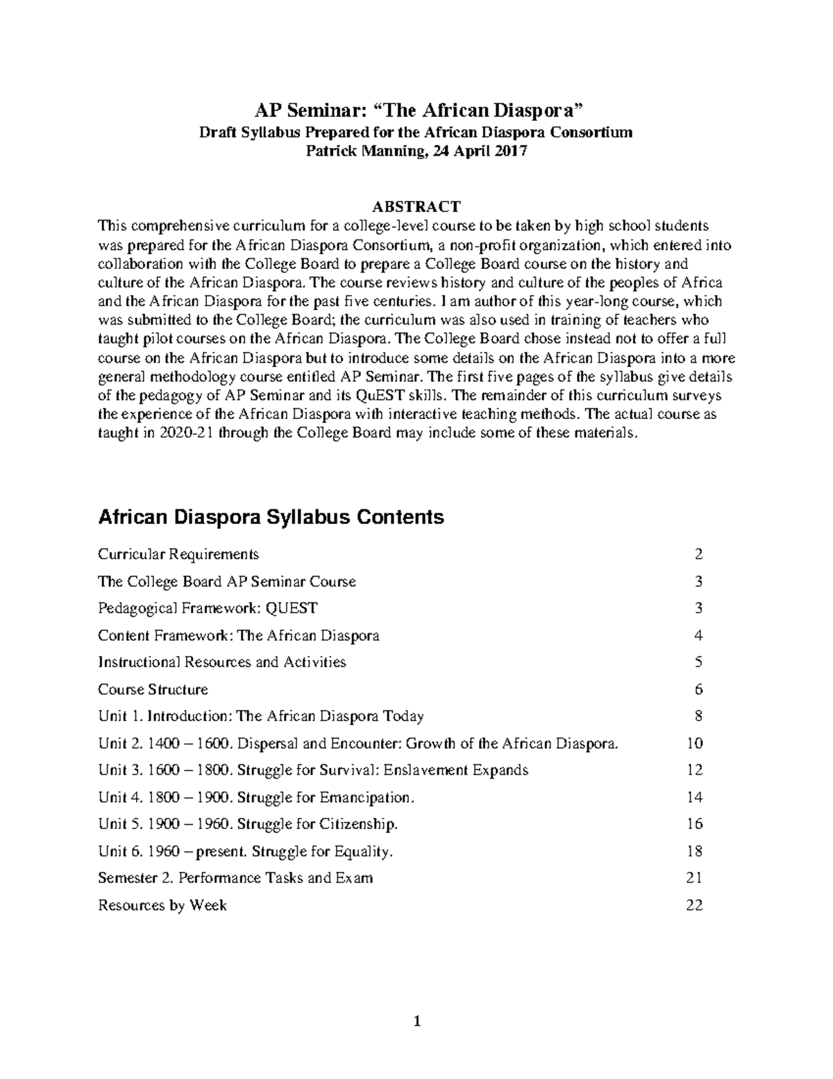 Patrick Manning-Curriculum-African Diaspora - AP Seminar: “The African ...