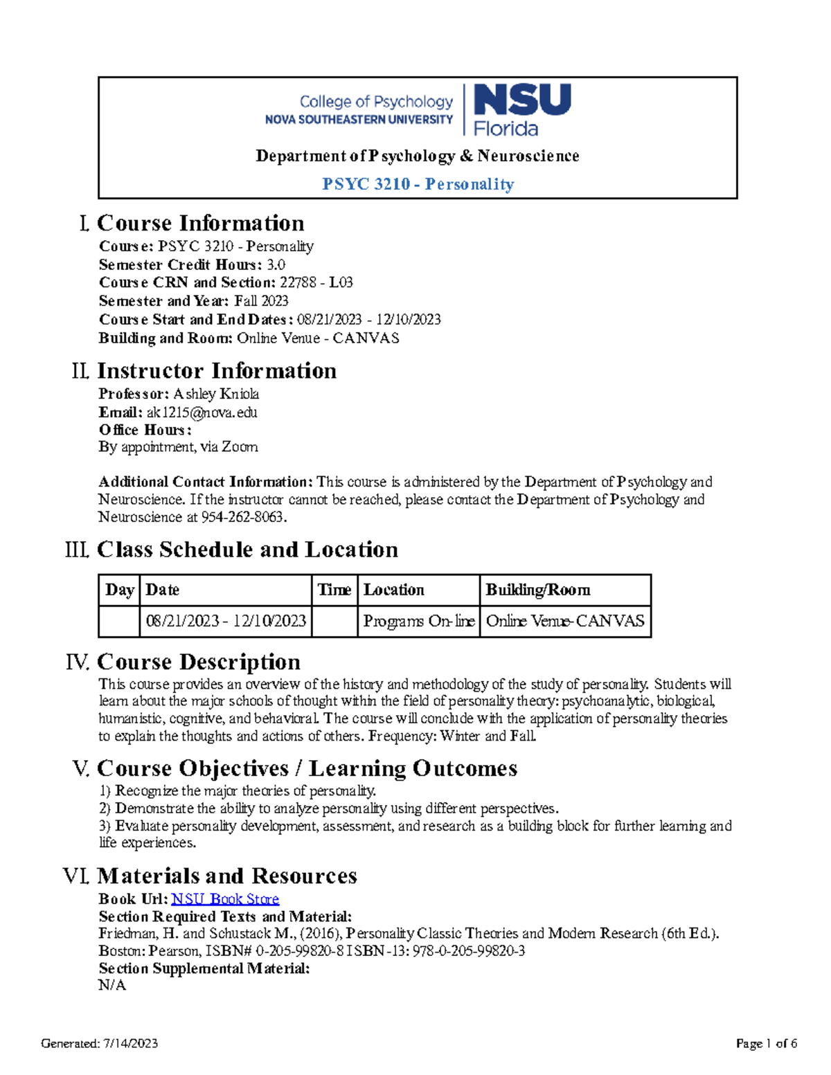Psyc3210 Personality Syllabus Fall 2023 Department Of Psychology And Neuroscience Psyc 3210