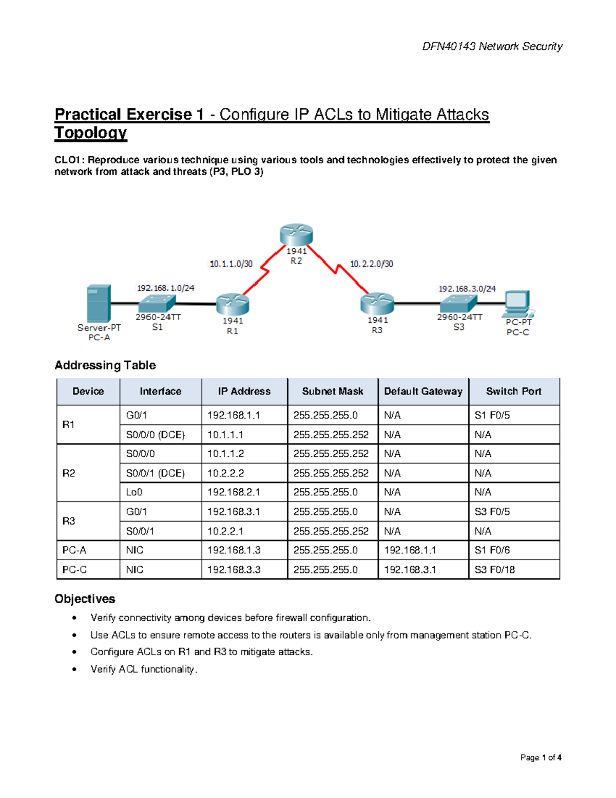 Practical Exercise 1 Configure Ip Acls To Mitigate Attacks Dfn40143