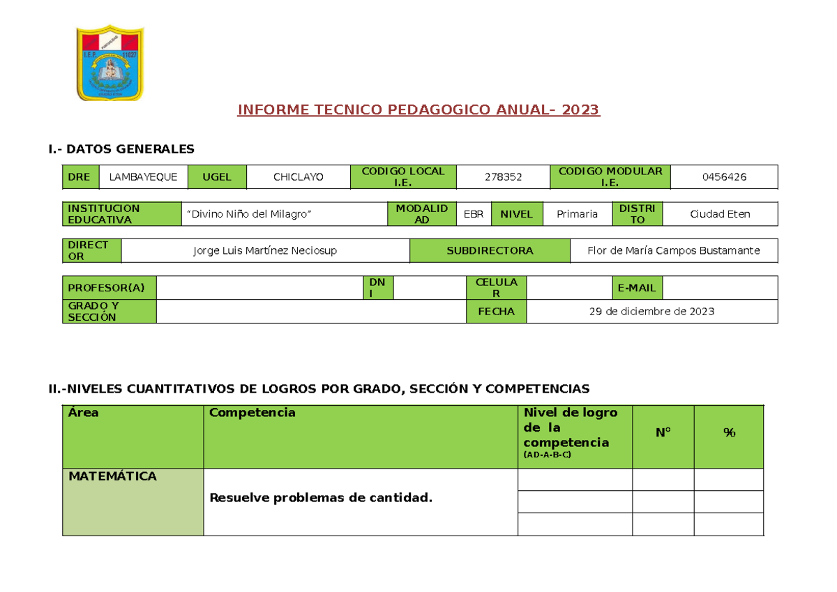 Informe Tecnico Pedagógico- 2024 - INFORME TECNICO PEDAGOGICO ANUAL– 2023 I.- DATOS GENERALES ...