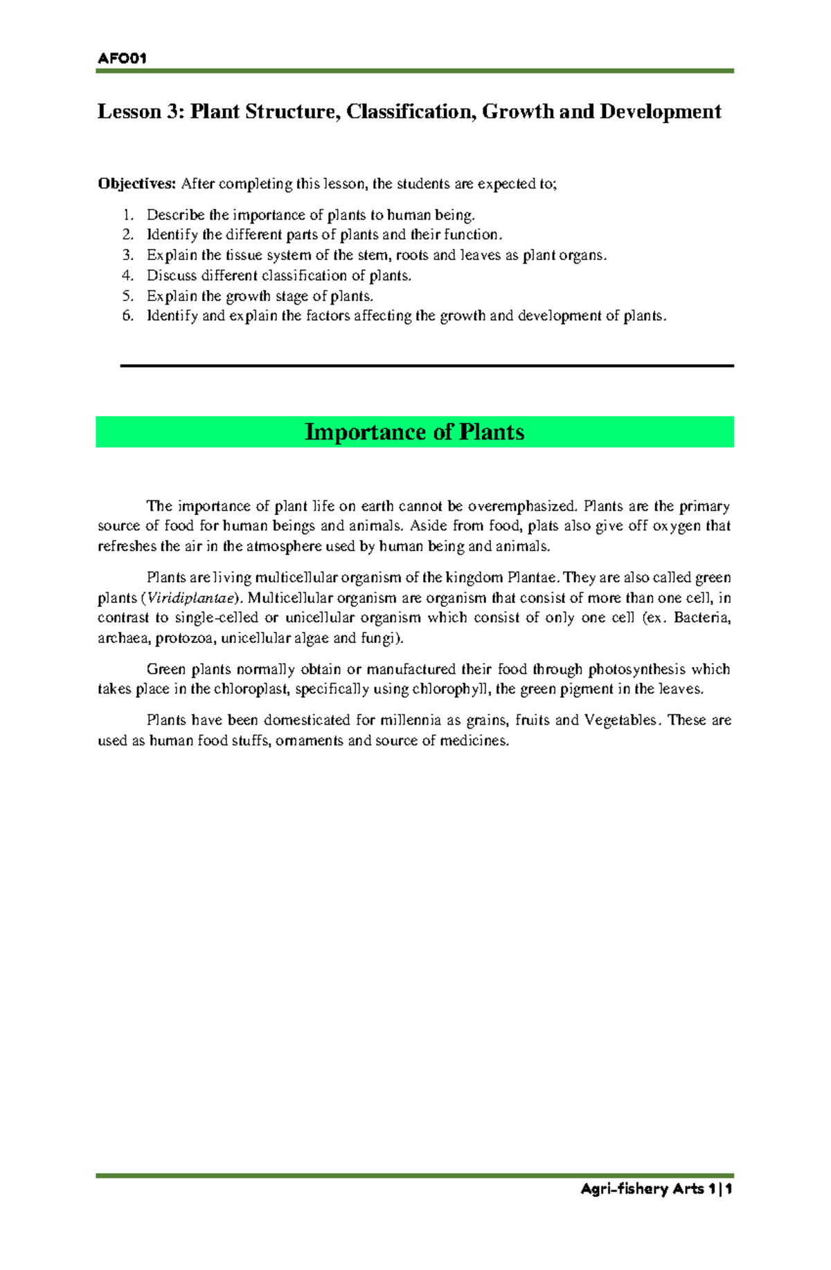 AF 001 Lesson 3 Plants Classification - Lesson 3: Plant Structure ...