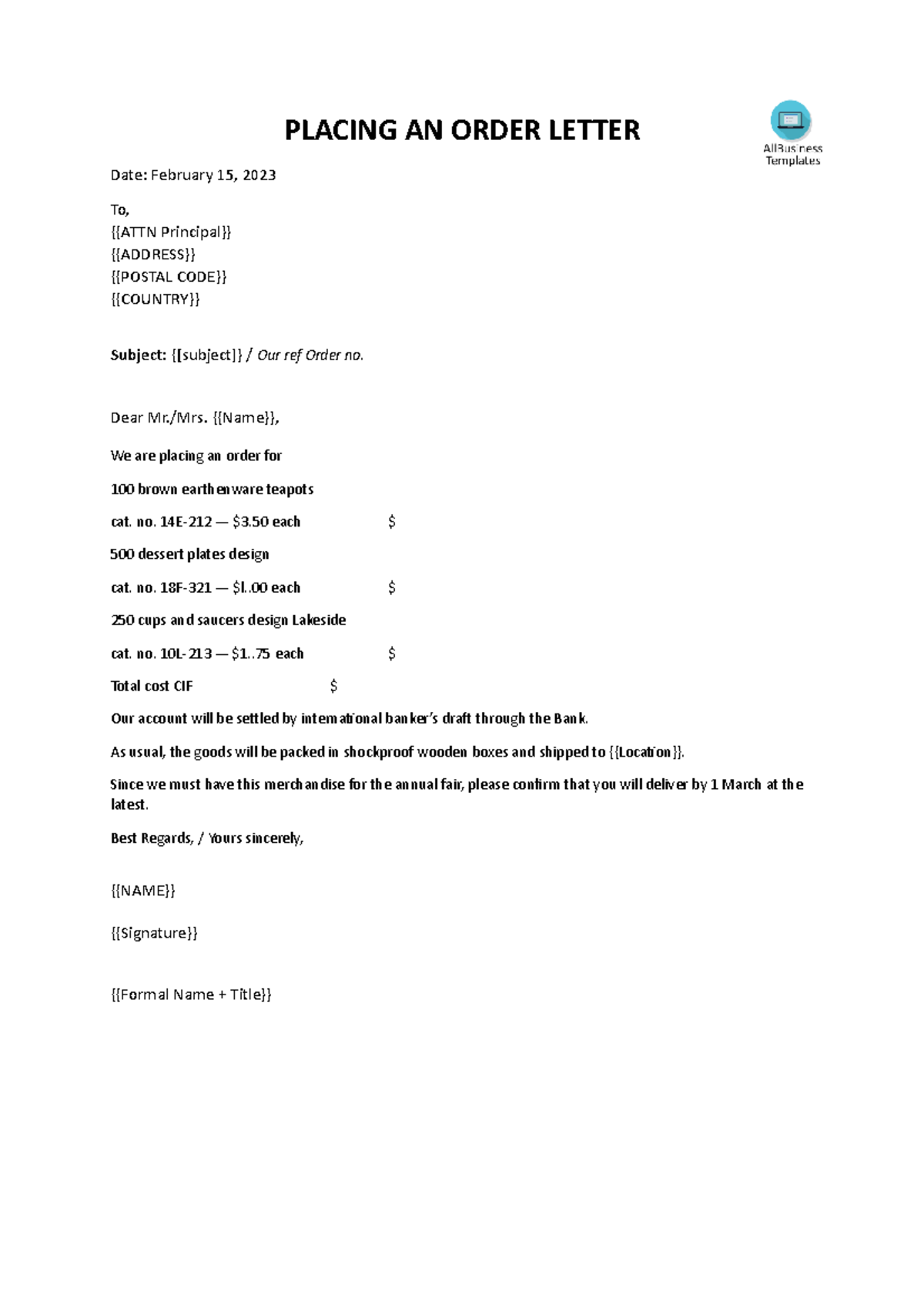 Order letter - adsdx - PLACING AN ORDER LETTER Date: February 15, 2023 ...