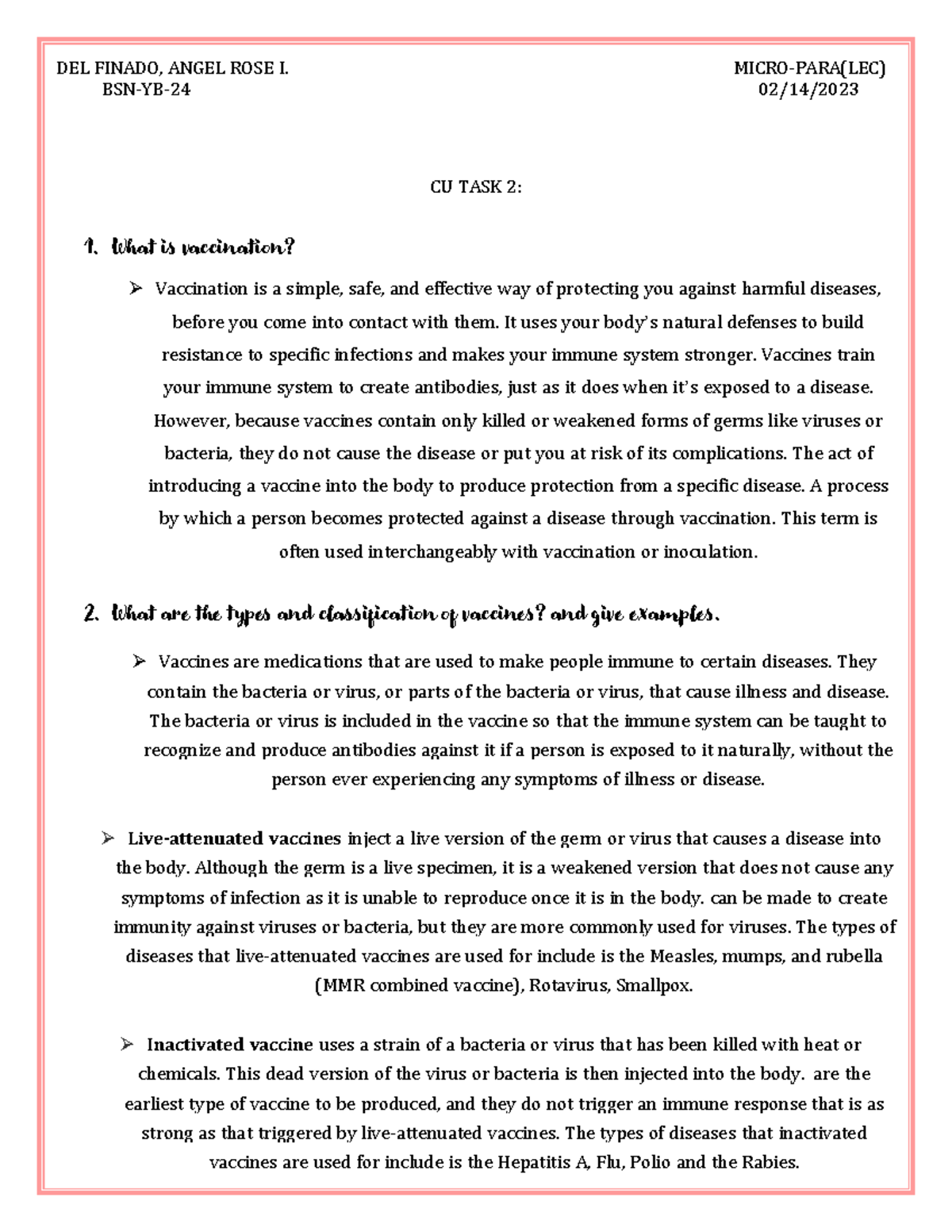 CU TASK 2 DEL Finado - good for you - DEL FINADO, ANGEL ROSE I. MICRO ...