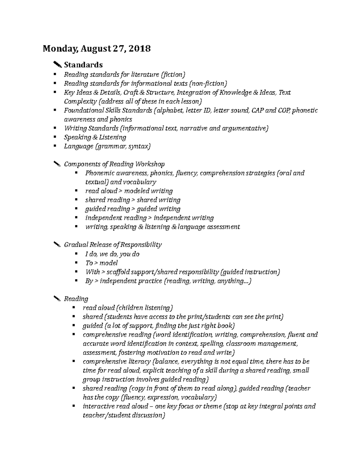 Standards for Notes - Monday, August 27, 2018 Standards Reading ...