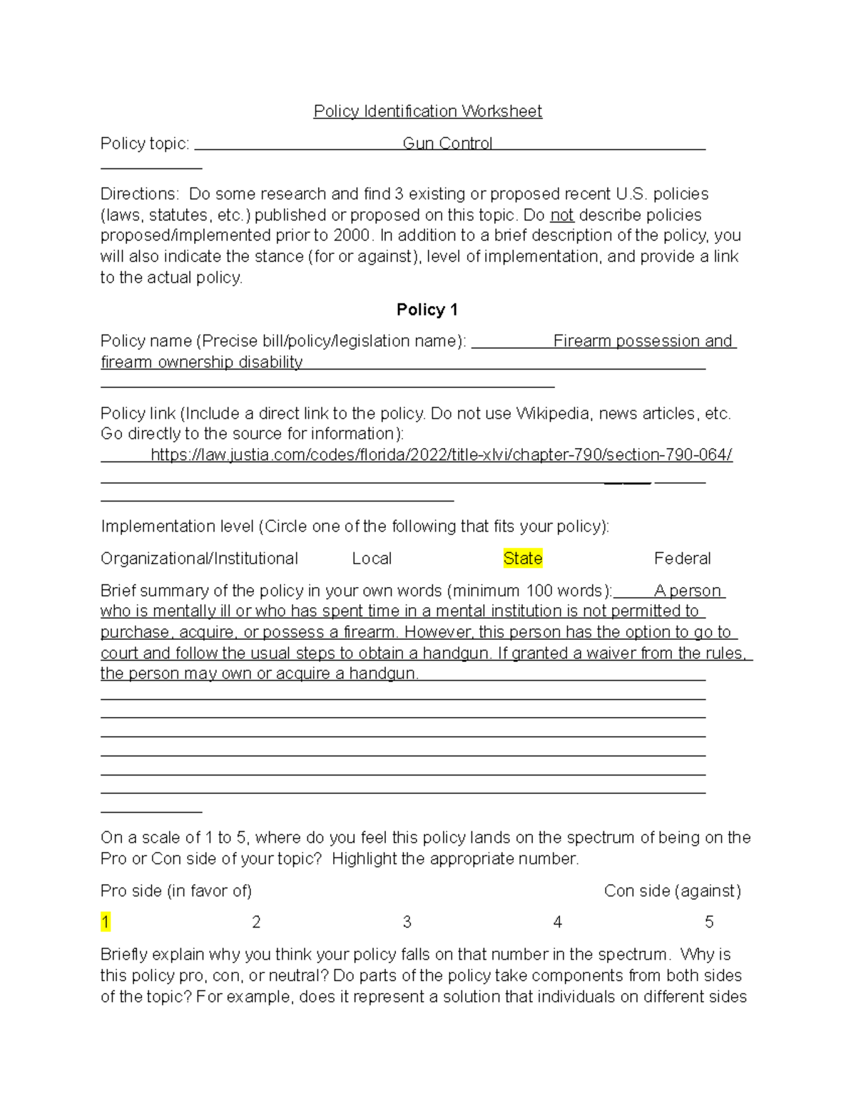 Gun Control - Policy Identification Worksheet Policy topic: Gun Control ...