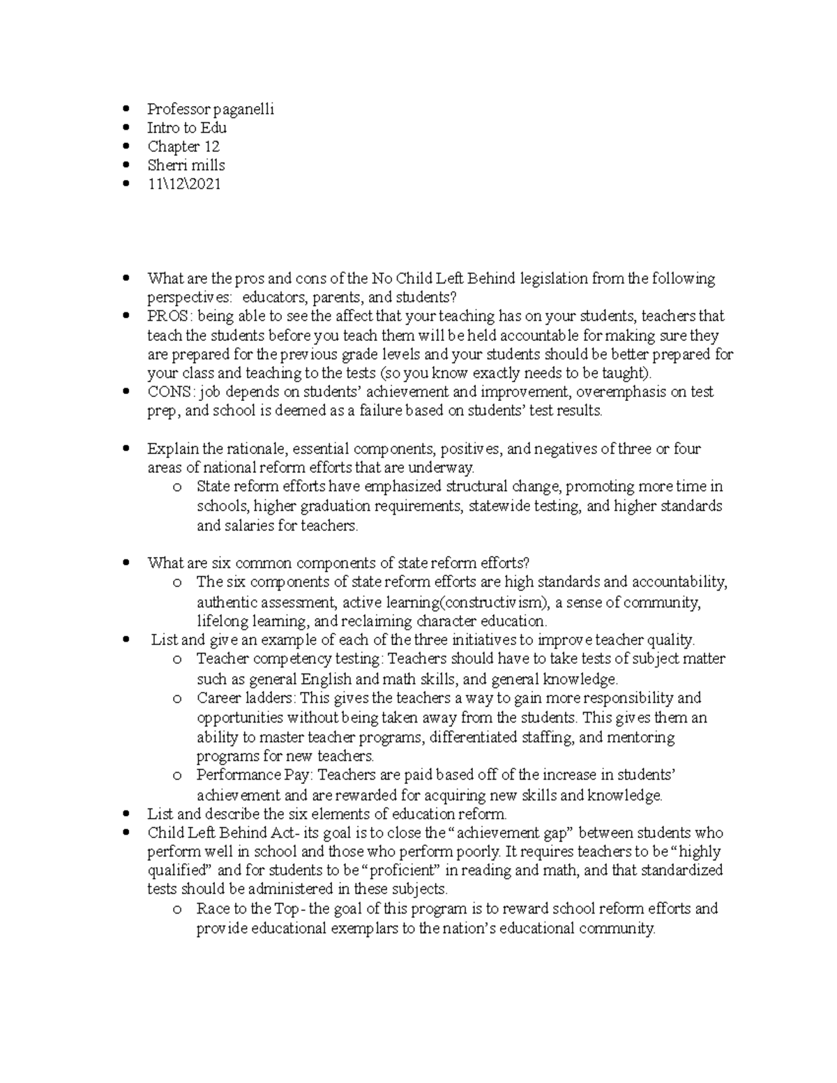 Chapter 12 sm - essay - Professor paganelli Intro to Edu Chapter 12 ...