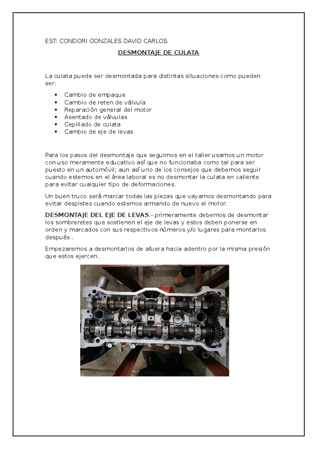 Desmontaje DE Culatas - EST: CONDORI GONZALES DAVID CARLOS DESMONTAJE ...