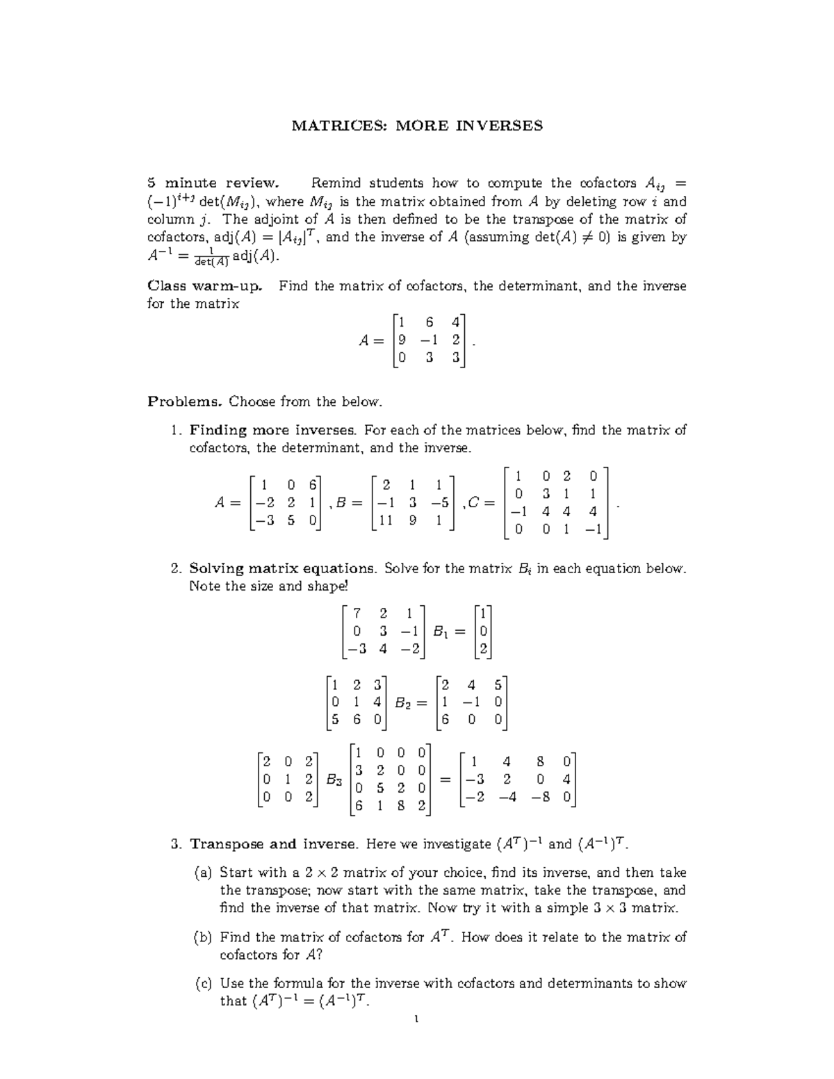 Matrices More Inverses - MATRICES: MORE INVERSES 5 minute review ...
