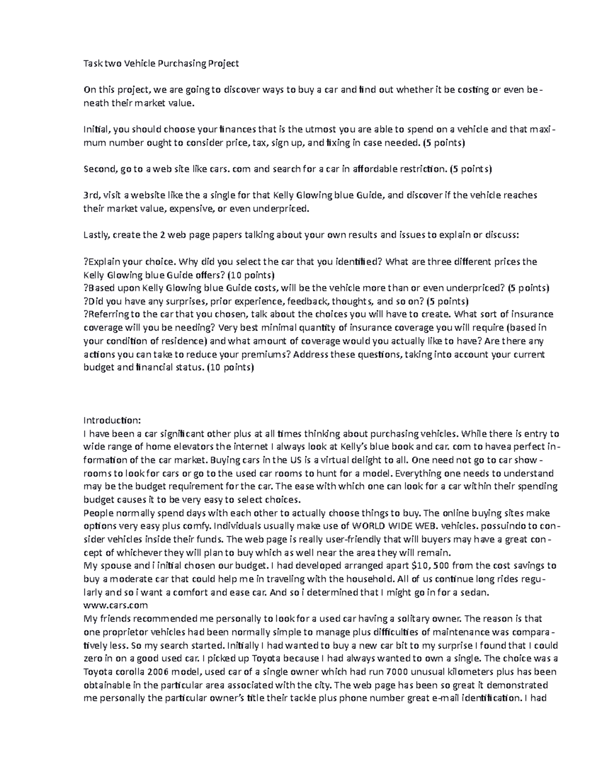 Car Buying Assignment - coursework - Task two Vehicle Purchasing ...