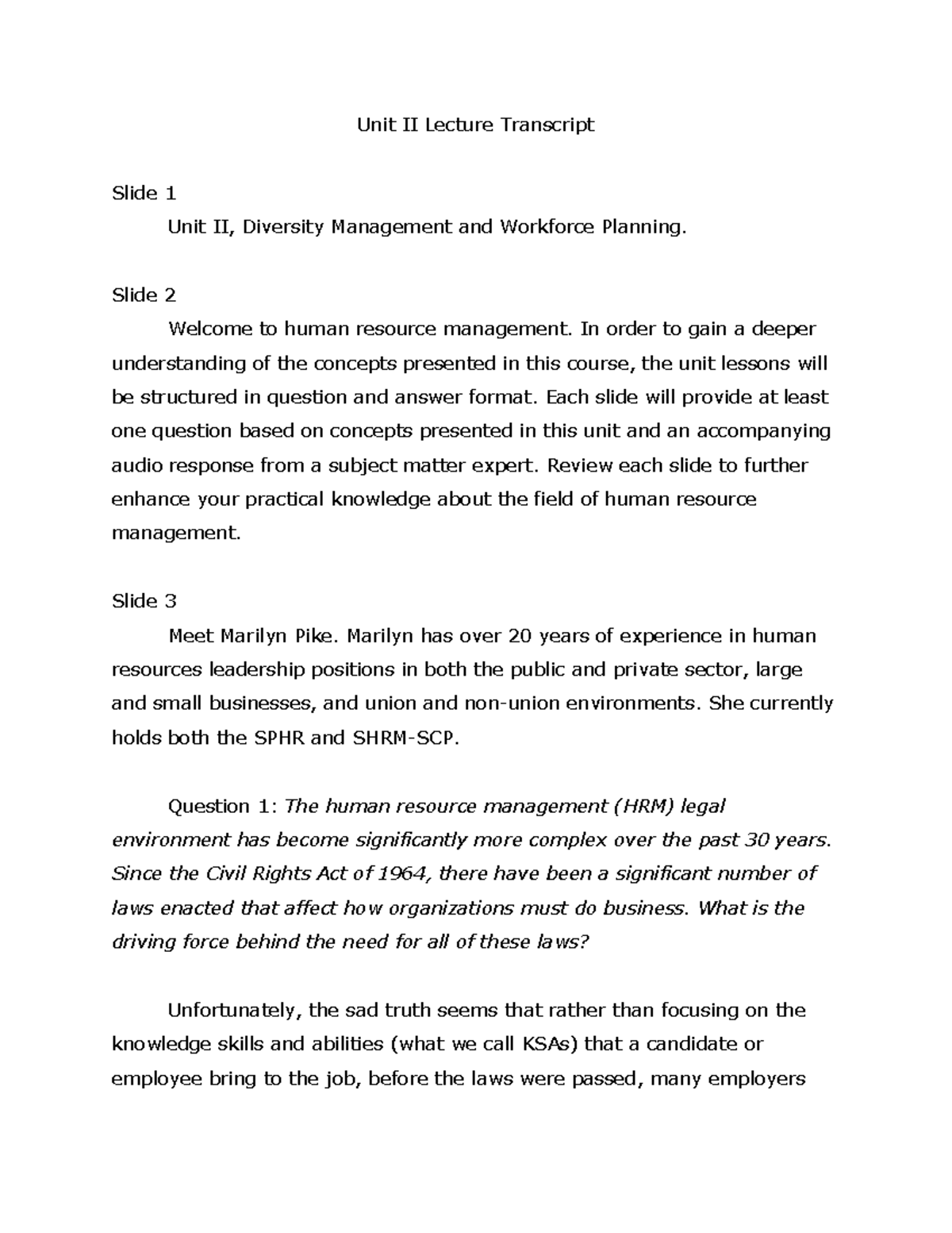 HRM 3302 Unit II Lesson Transcript - Unit II Lecture Transcript Slide 1 Unit II, Diversity - Studocu