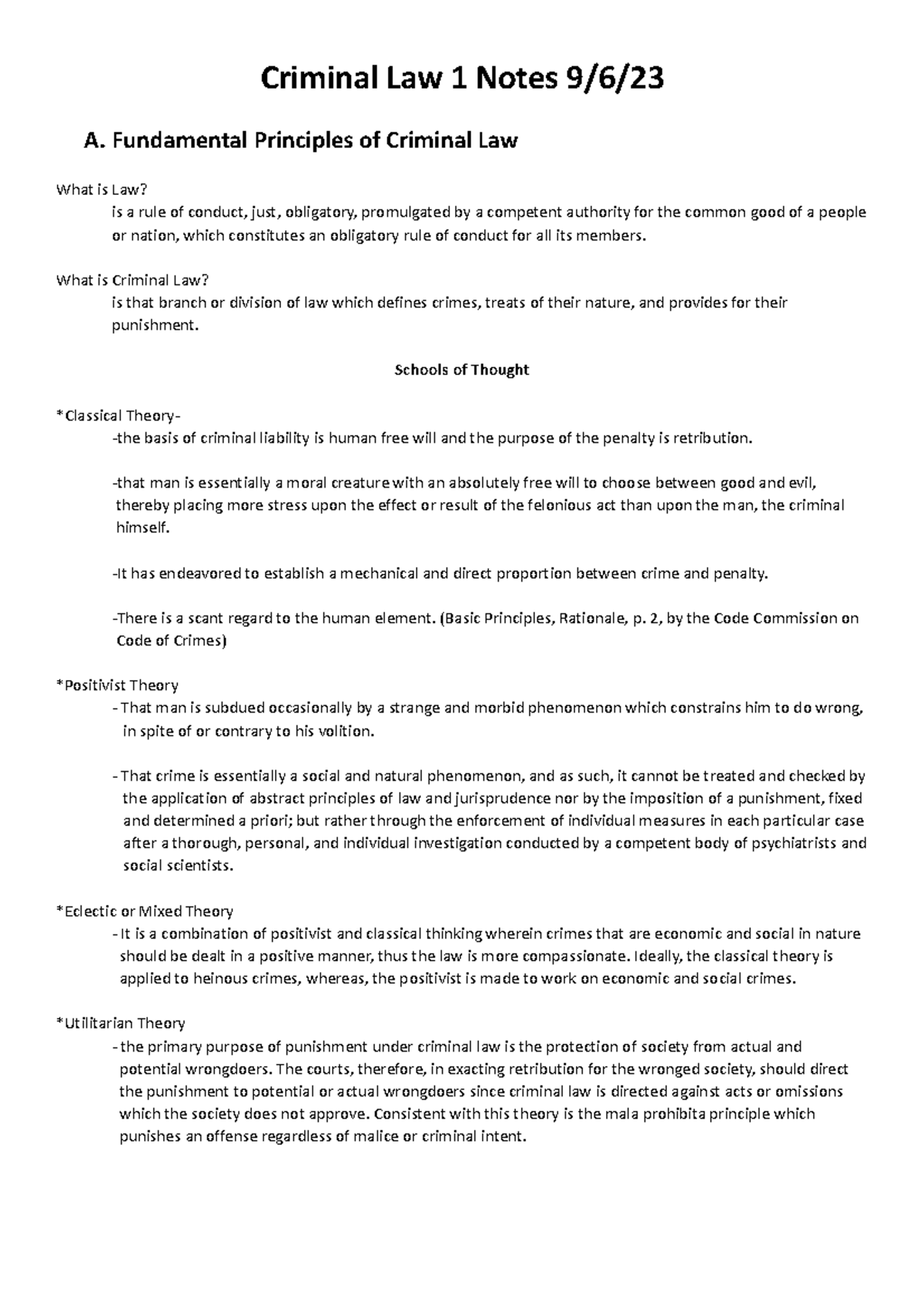 Criminal Law 1 Notes 9 - Handout - Criminal Law 1 Notes 9/6/ A ...