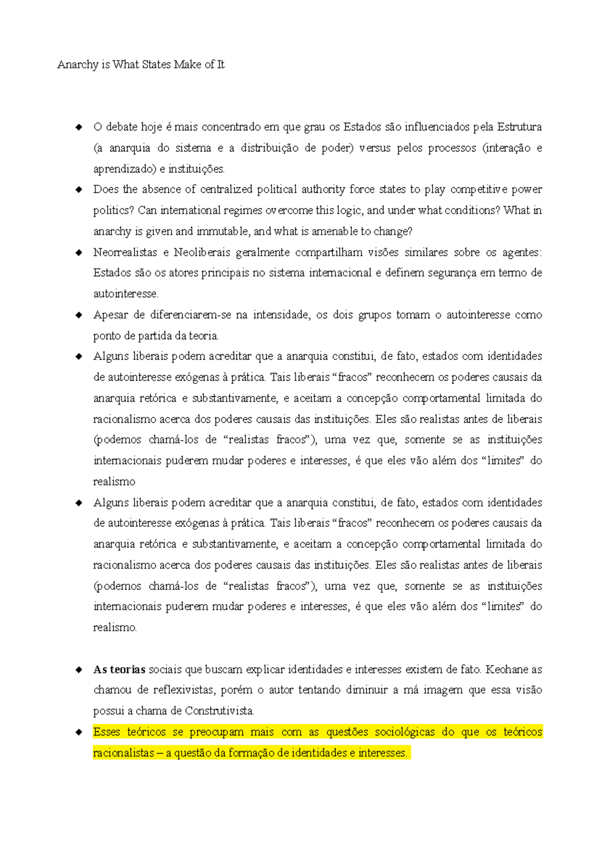 Wendt Fichamento - Anarchy is What States Make of It O debate hoje mais ...