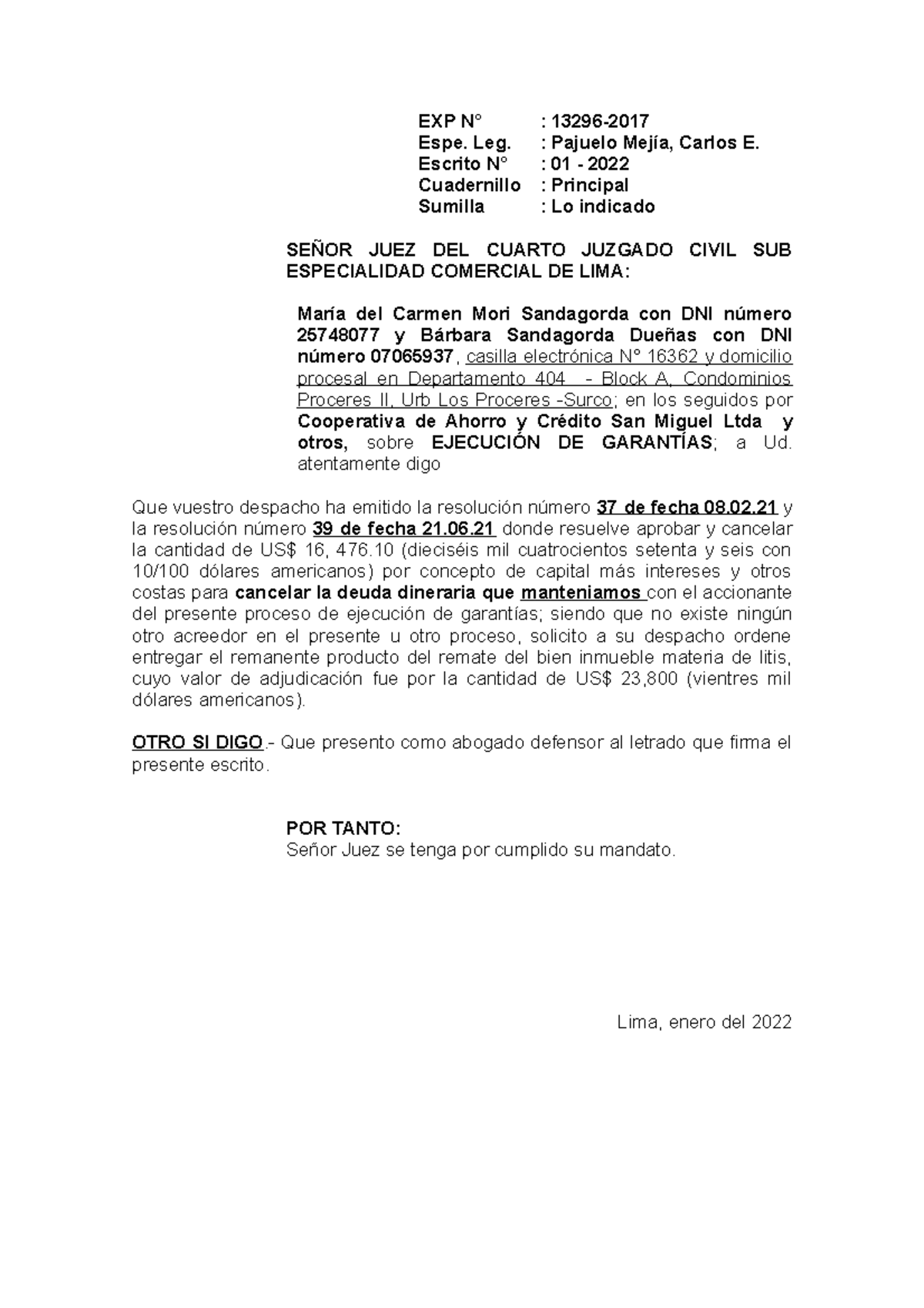 Solicito Remanente - EXP N° : 13296- Espe. Leg. : Pajuelo Mejía, Carlos ...