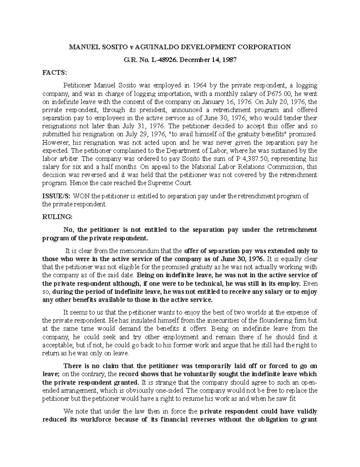 PLM Labor HRM Case No.4 Manuel Sosito vs Aguinaldo Development ...