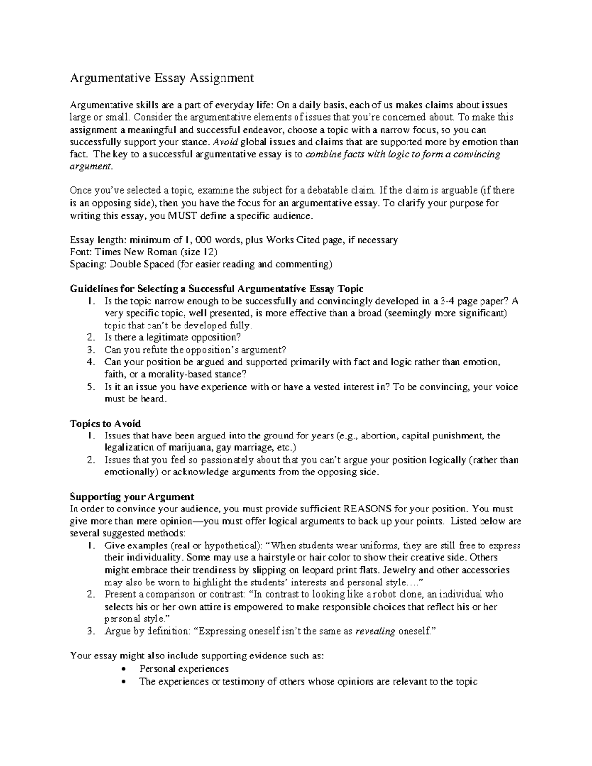 Argumentative Essay Assignment-0 - Argumentative Essay Assignment ...
