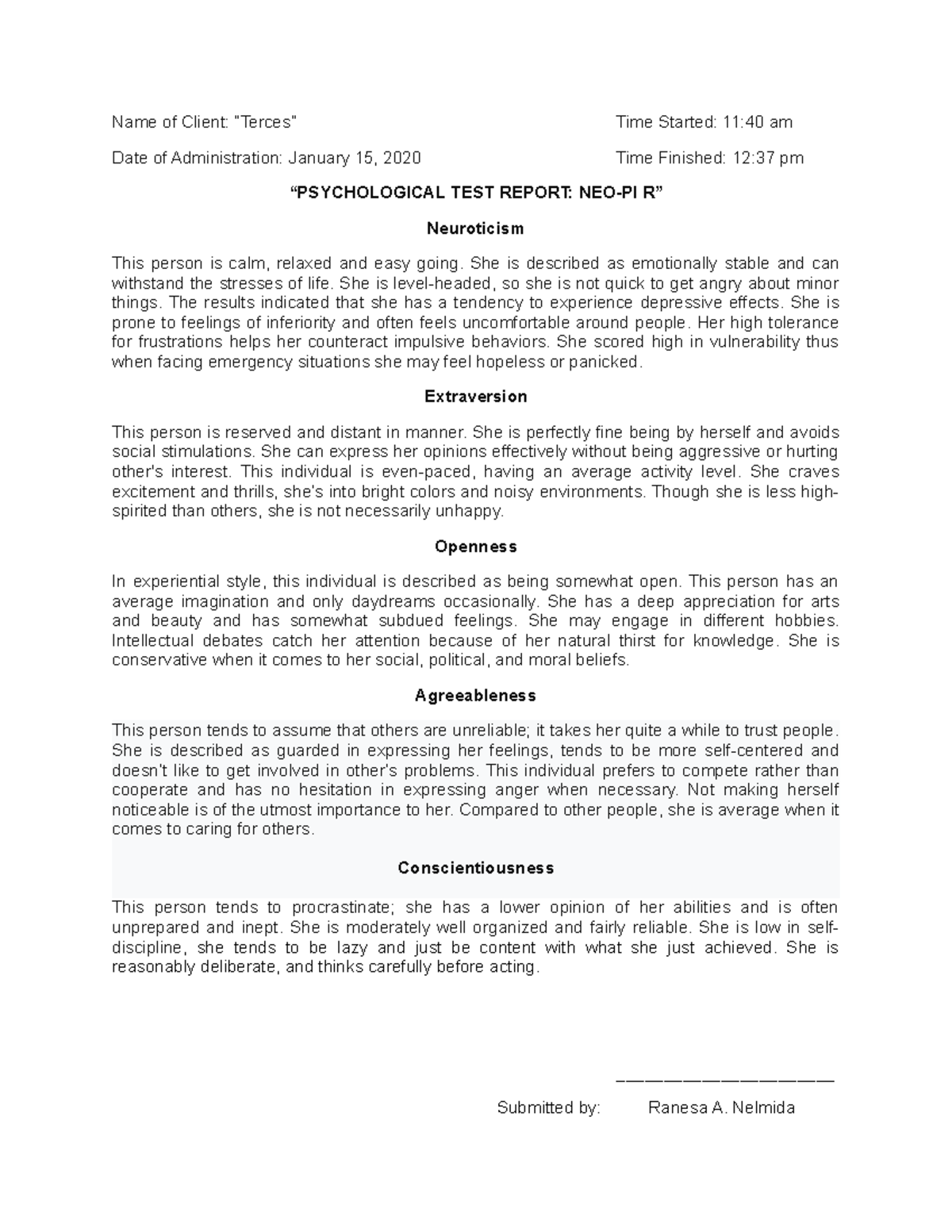 Psy Test Report Sample - Name of Client: “Terces” Time Started: 11:40 ...