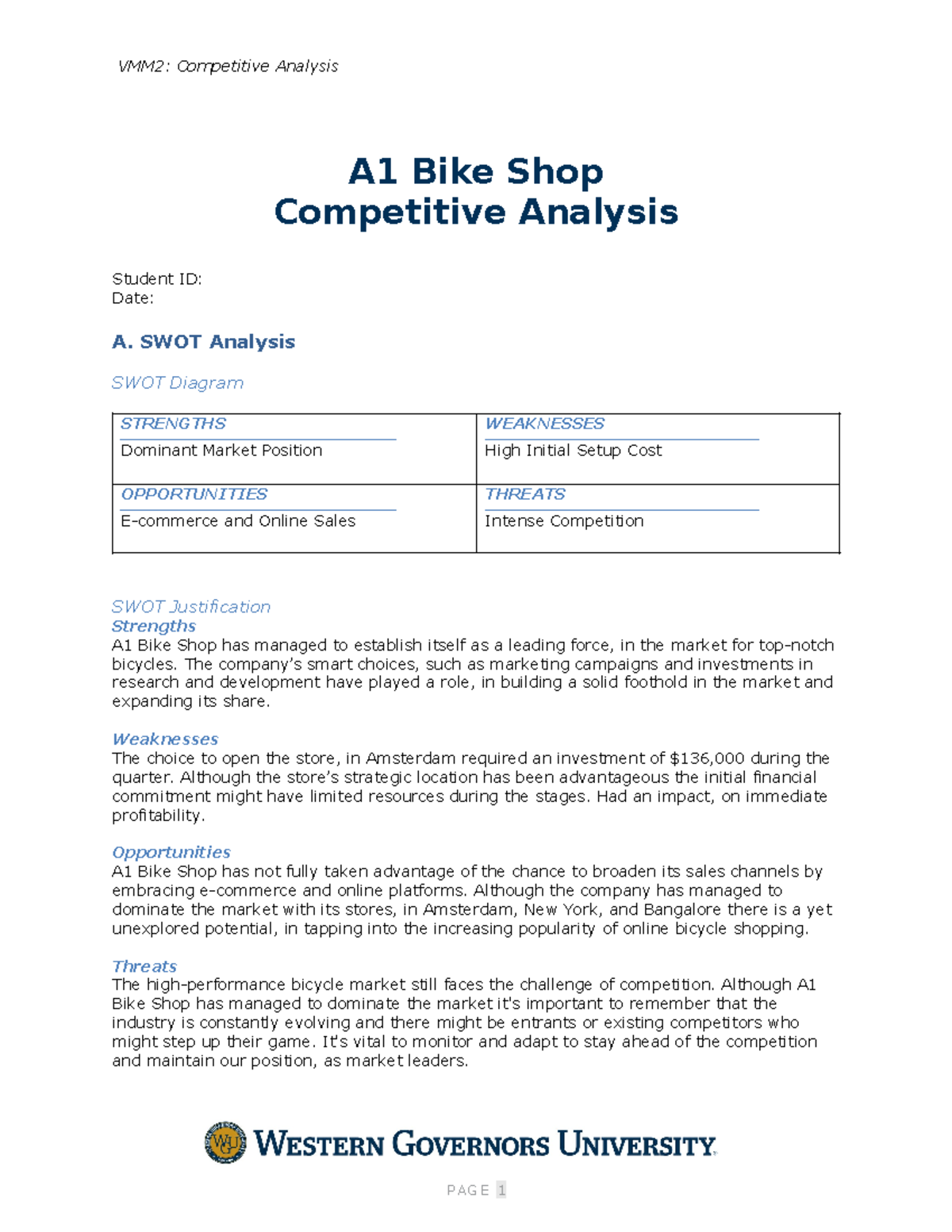 Competitive Analysis Template - VMM2: Competitive Analysis A1 Bike Shop ...