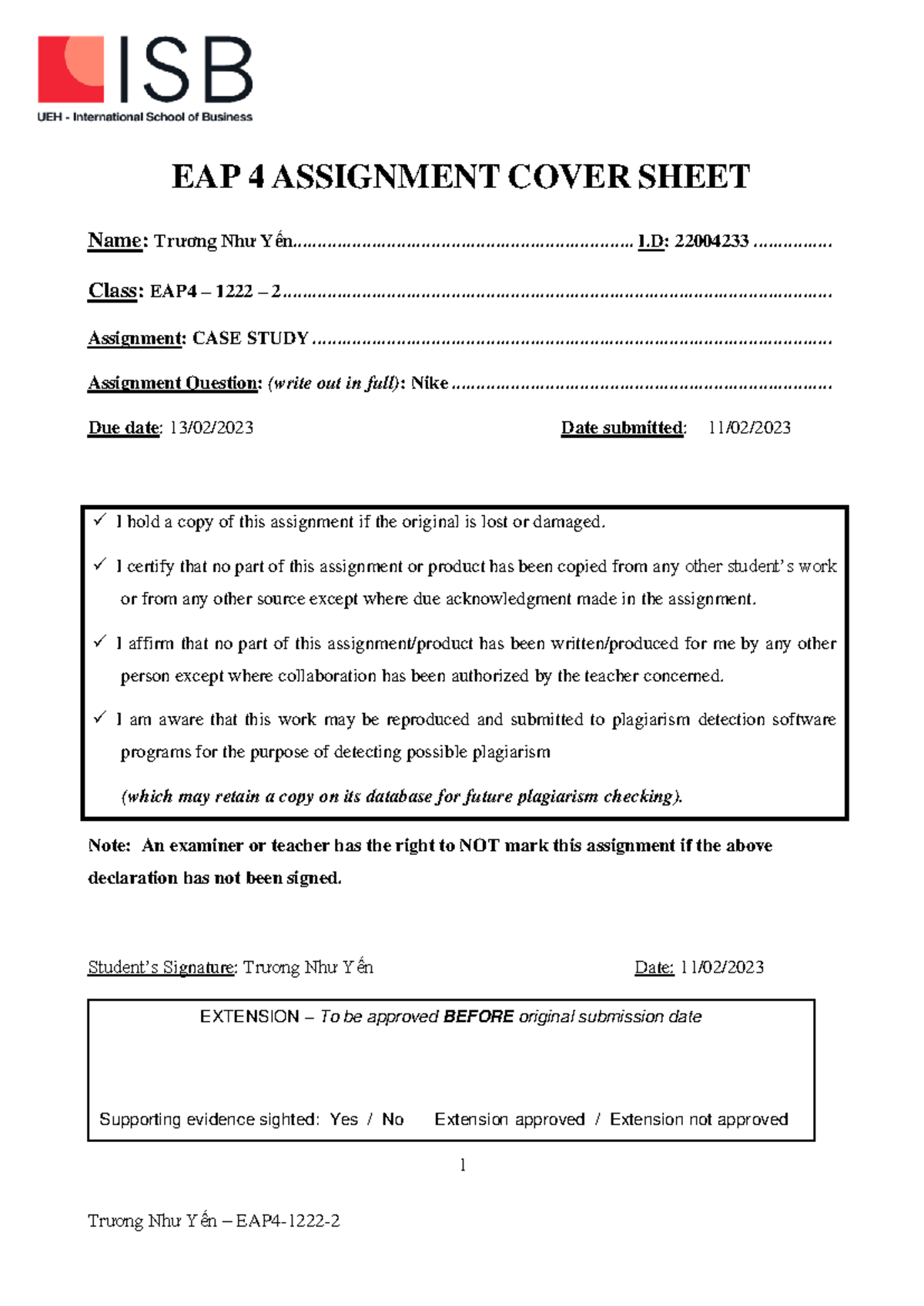 GCA-Level-Case Study - 1 Trương Như Yến – EAP4- 1222 - 2 EAP 4 ASSIGNMENT COVER SHEET Name ...